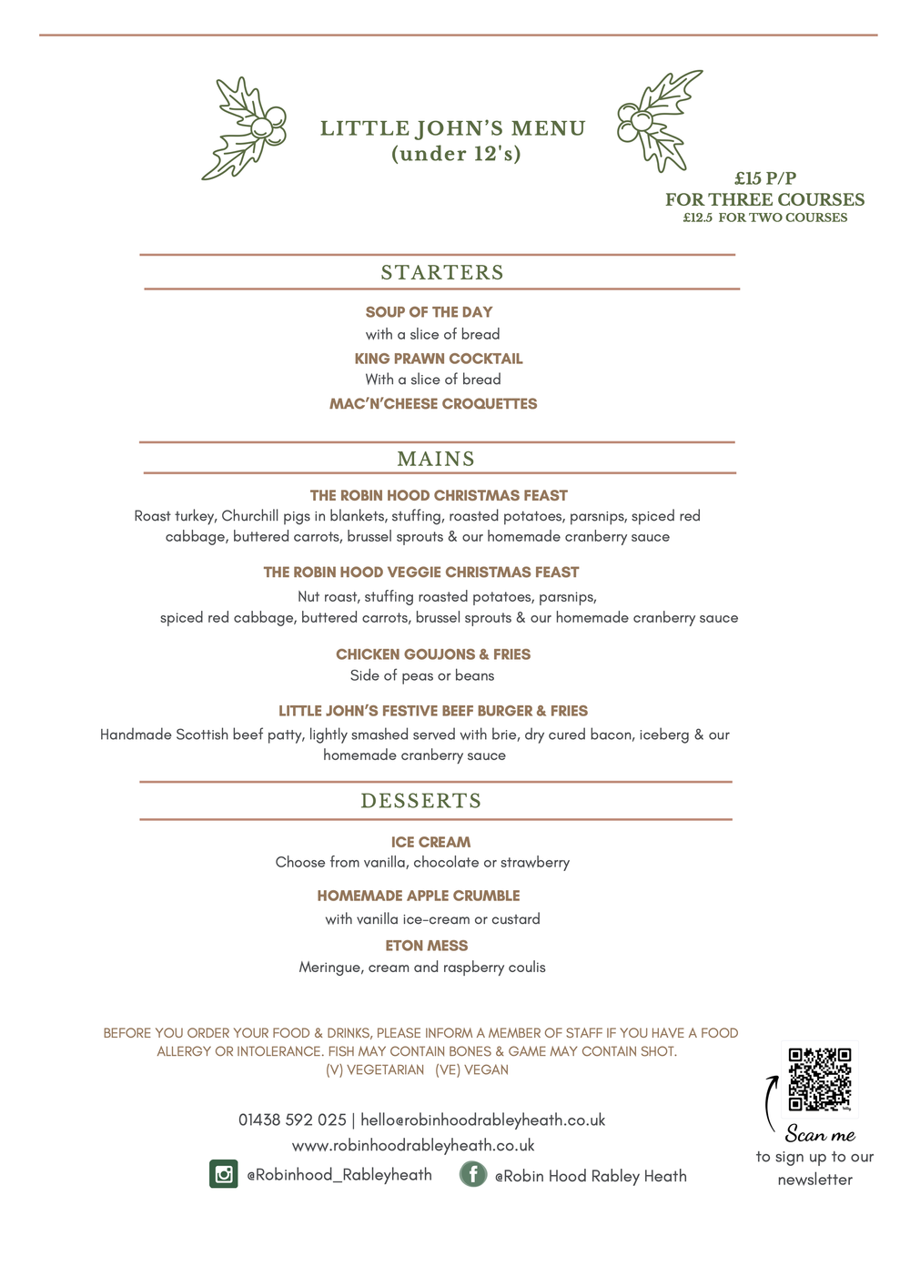 Festive Menu — Robin Hood & Little John