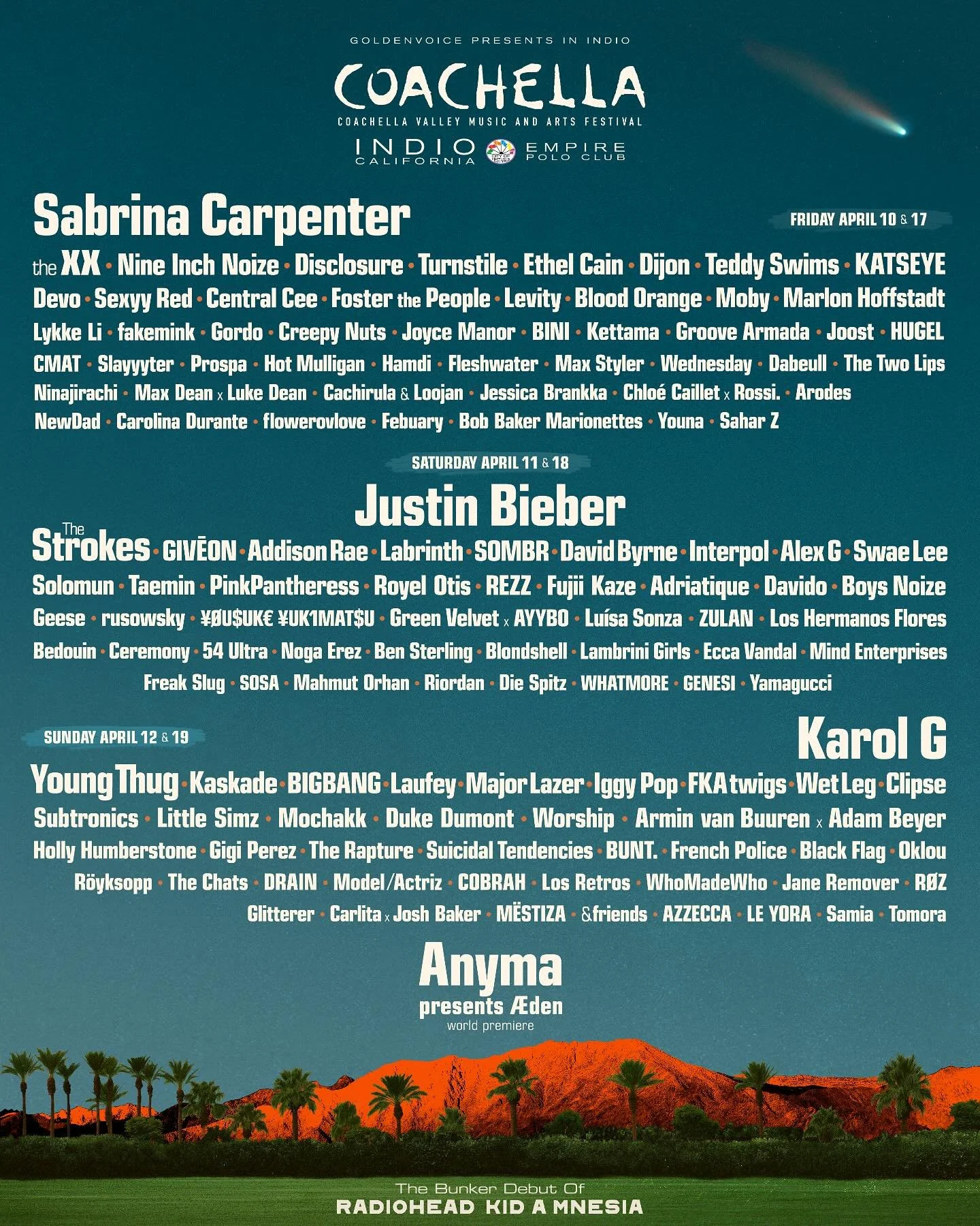 Coachella 2026: cartel oficial con Sabrina Carpenter, Justin Bieber y ...