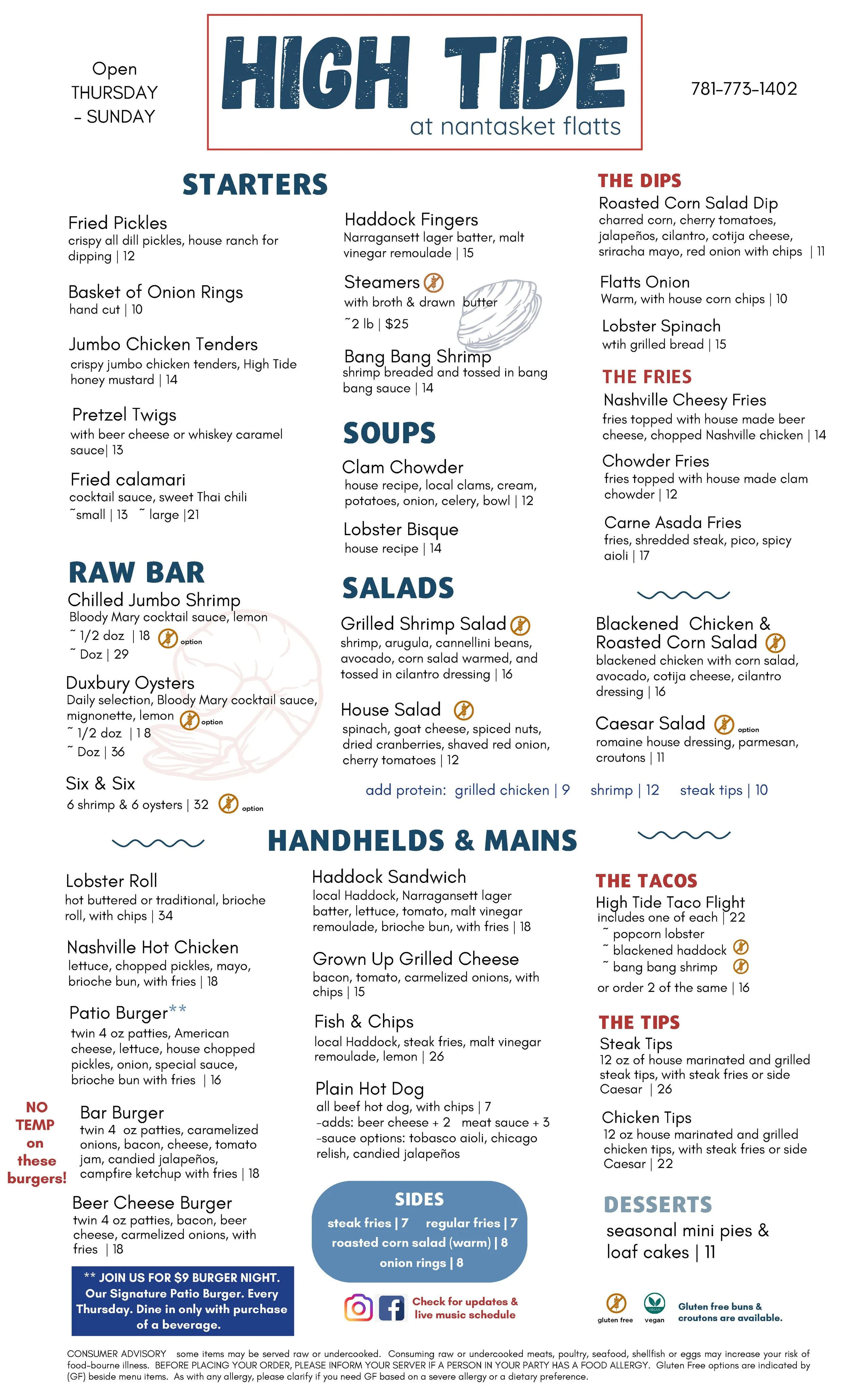Menu — High Tide at Nantasket Flatts