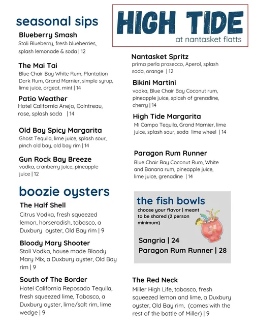 Menu — High Tide at Nantasket Flatts