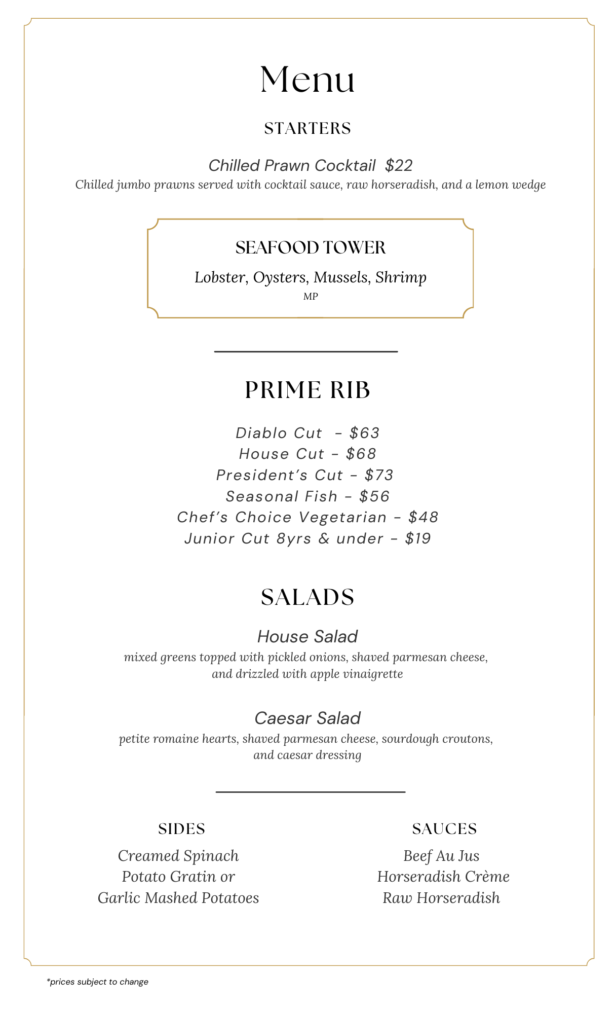 Menu — Prime Rib at The Garden