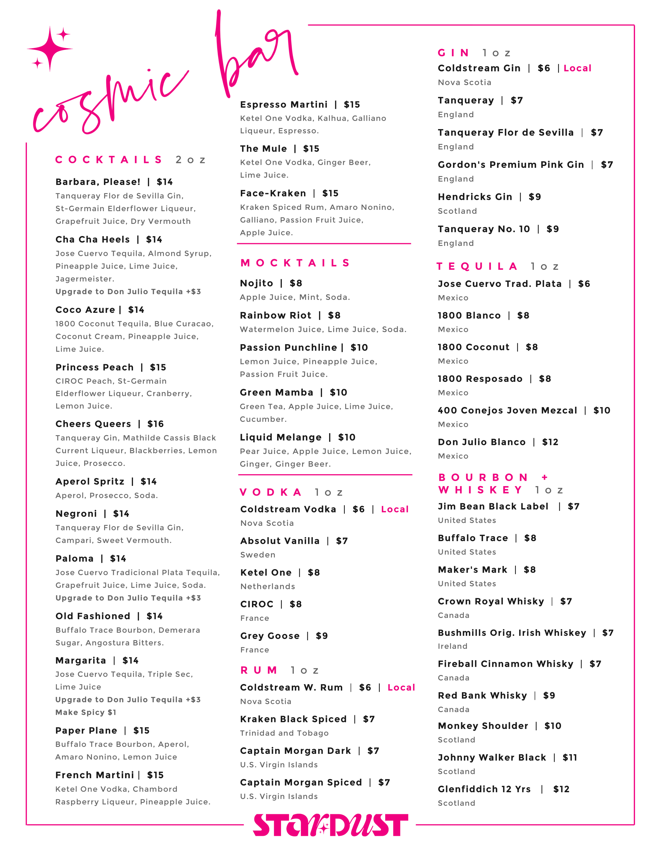 Stardust Halifax Drink Menu — Stardust - Queer Bar and Kitchen in ...