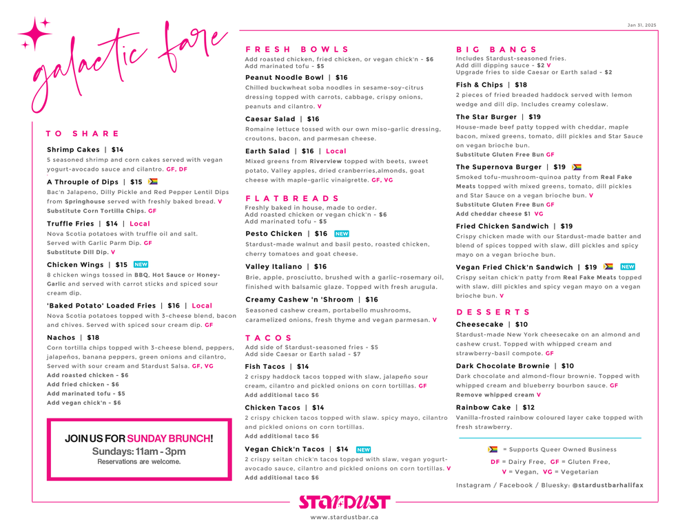 Stardust Food Menu - Galactic Fare — Stardust - Queer Bar and Kitchen ...