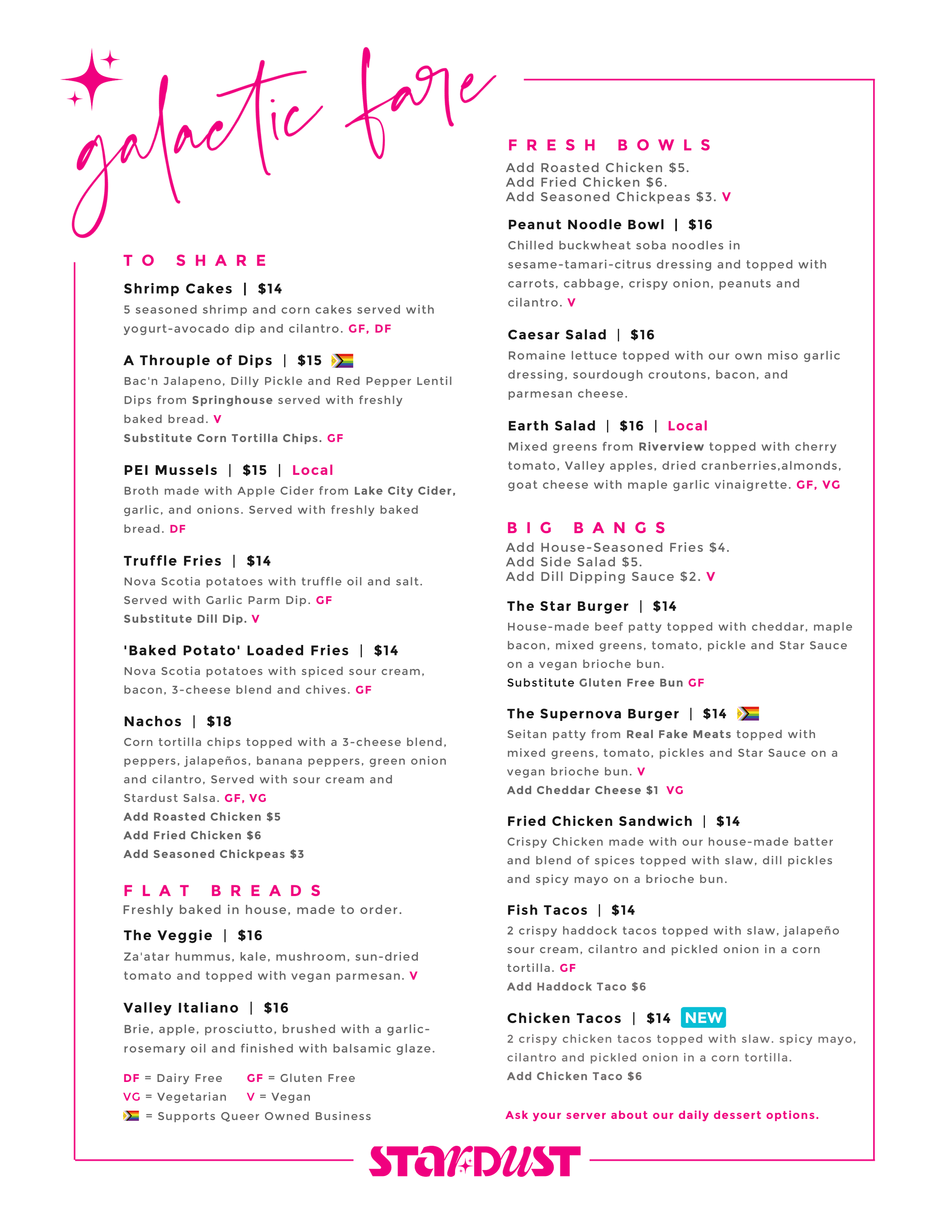 Stardust Food Menu - Galactic Fare — Stardust - Queer Bar and Kitchen ...