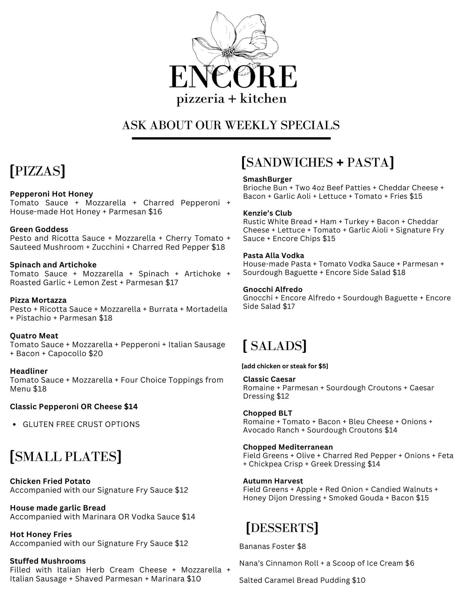 Menu — Encore Pizzeria + Kitchen