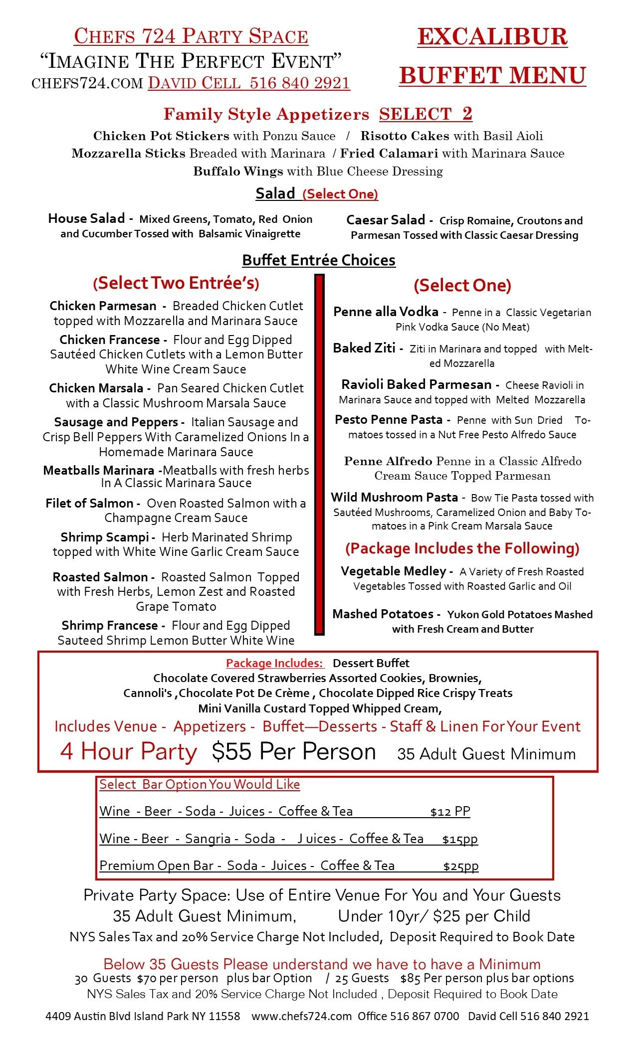 Excalibur Menu — Chefs 724 Event Space