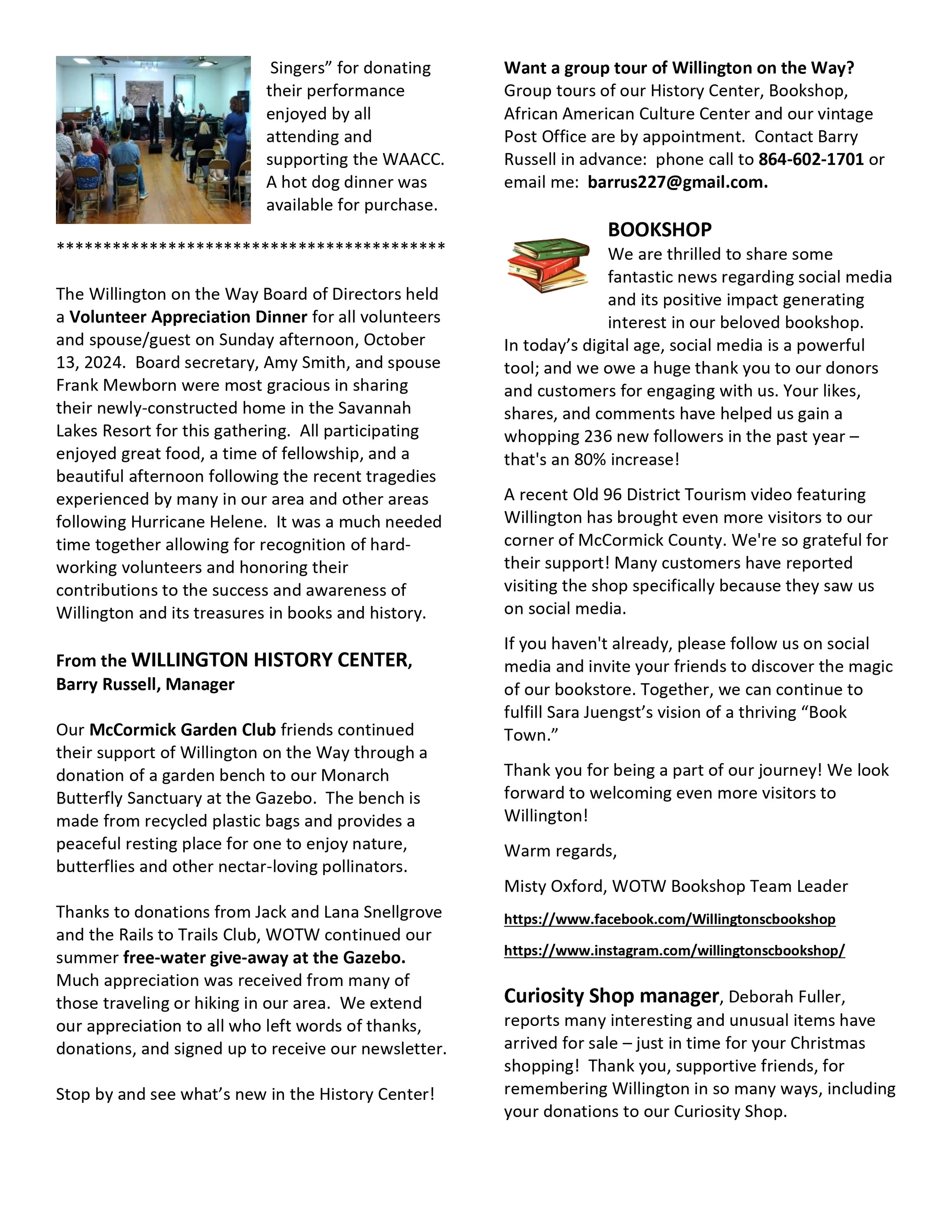 Newsletter — Willington on the Way Bookshop and History Center