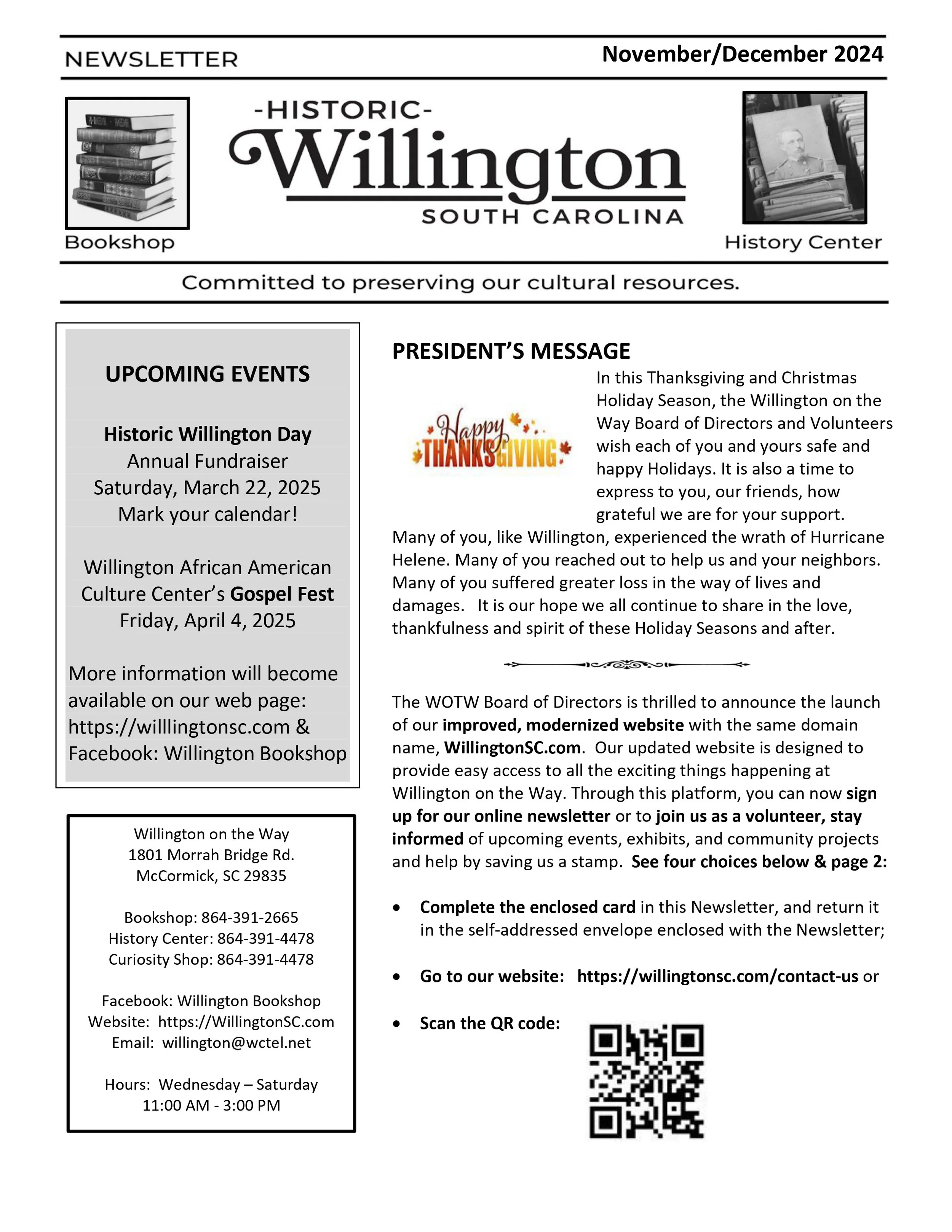 Newsletter — Willington on the Way Bookshop and History Center