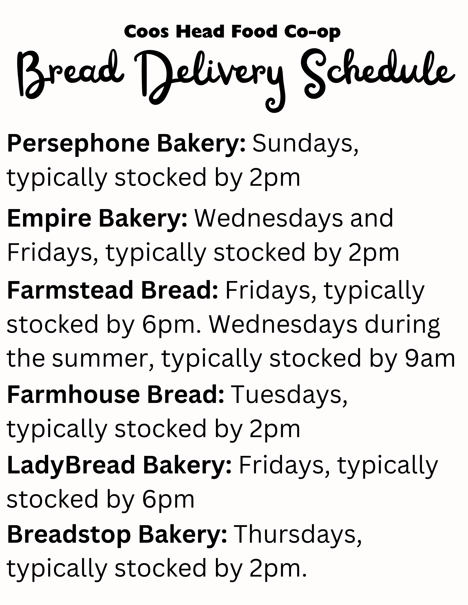 Bread Schedule — Coos Head Food Co-op