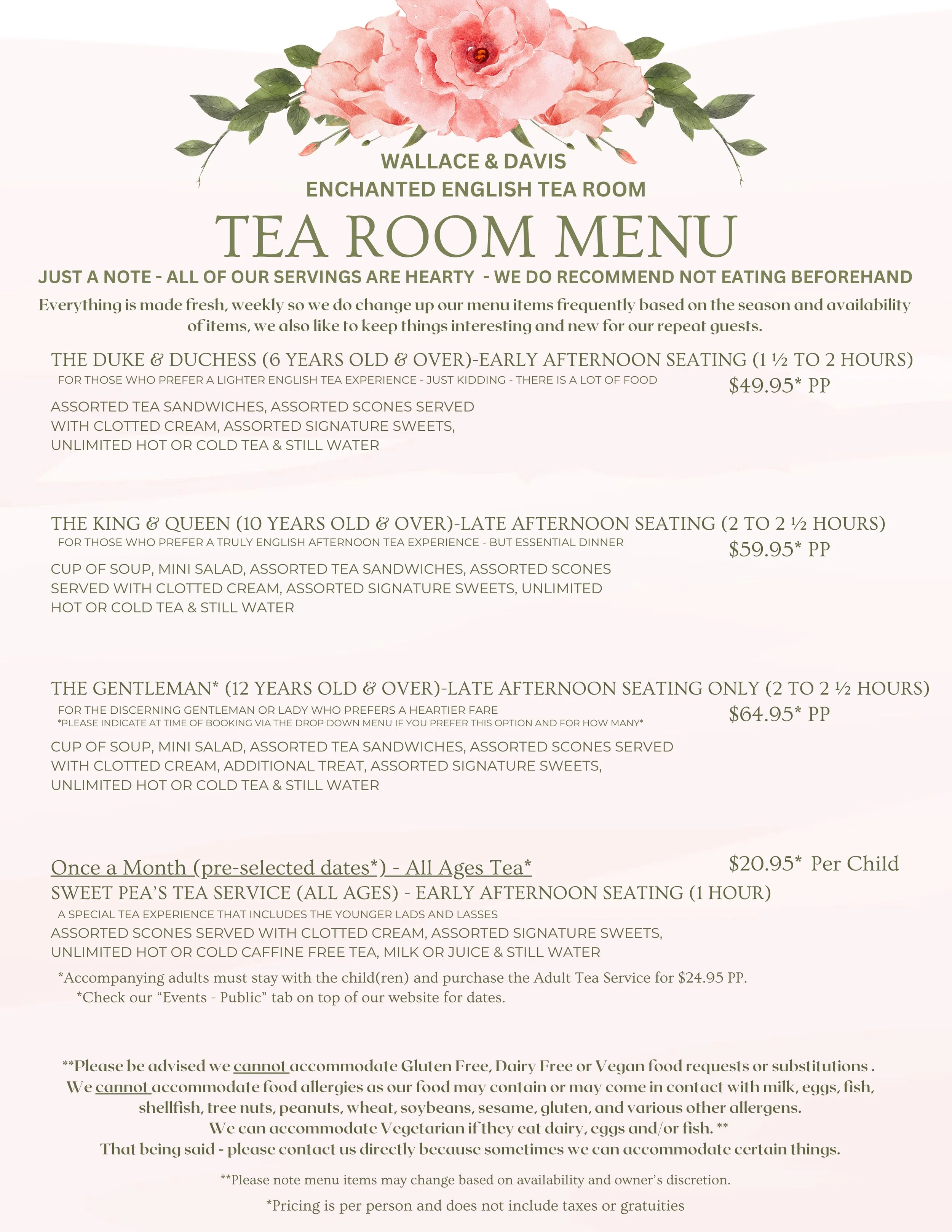 Tea Room Menu/Pricing — Wallace & Davis Enchanted English Tea Room