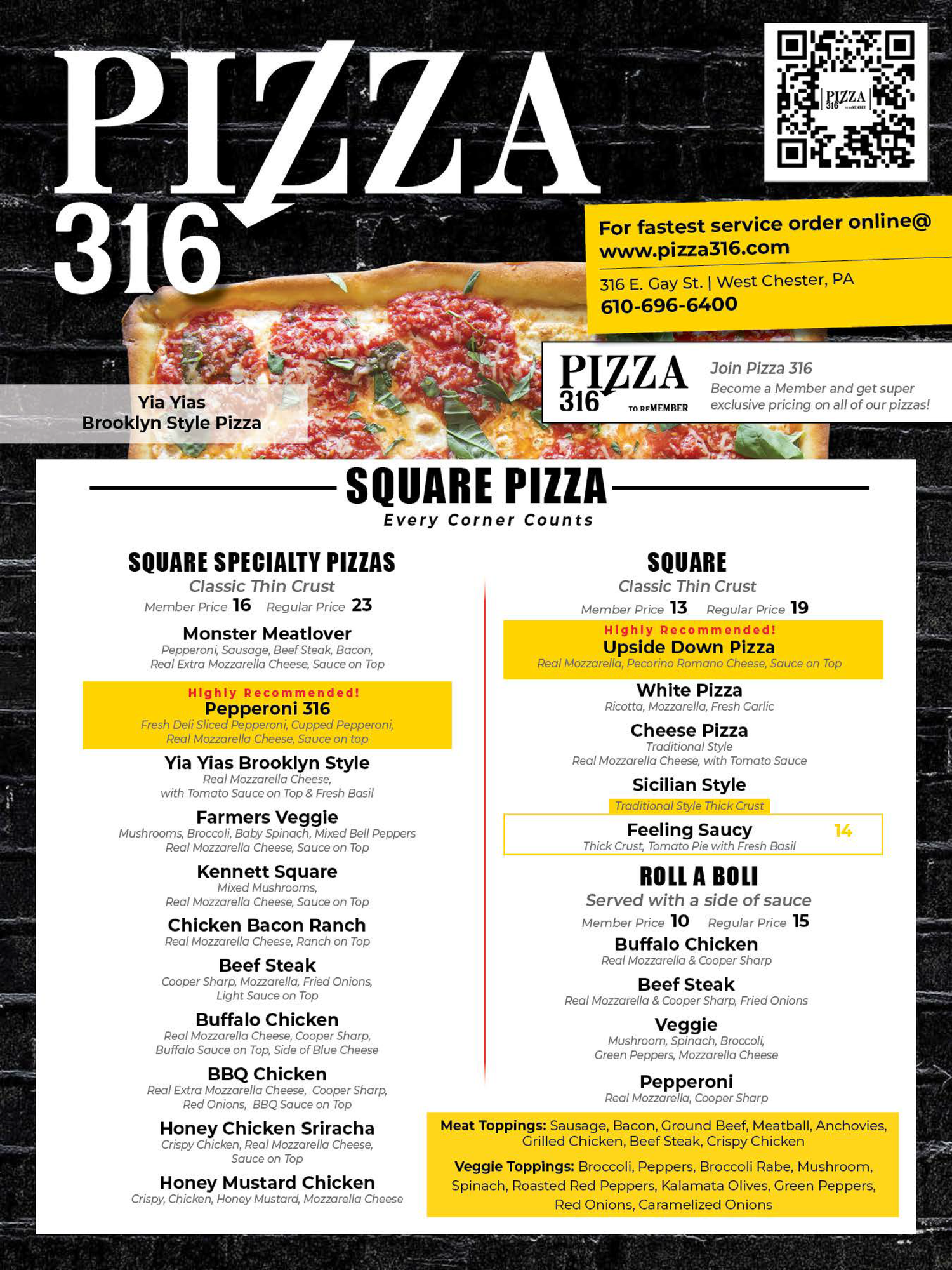Pizza to Remember Menu — Pizza 316