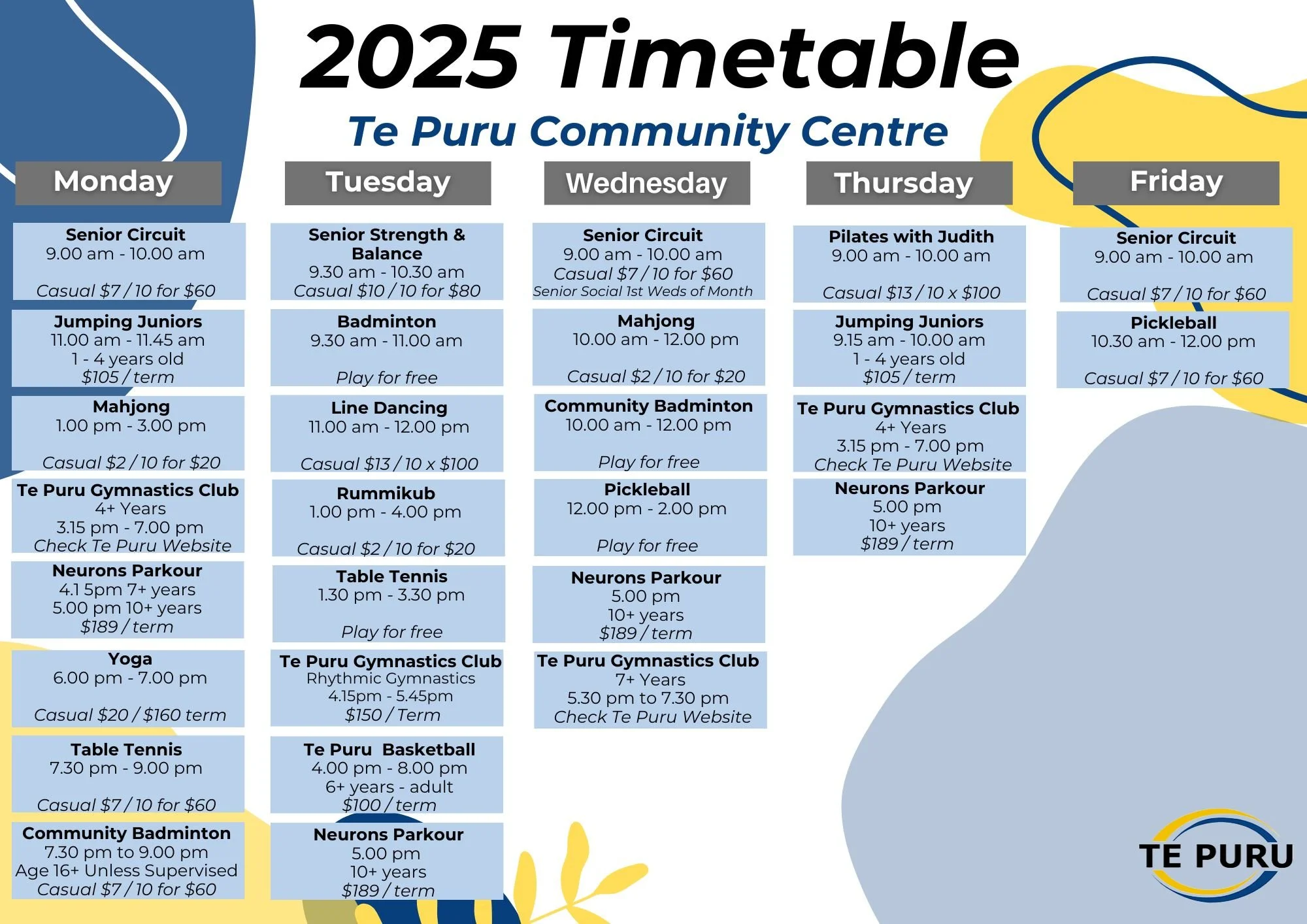 Timetable — Te Puru Community Centre