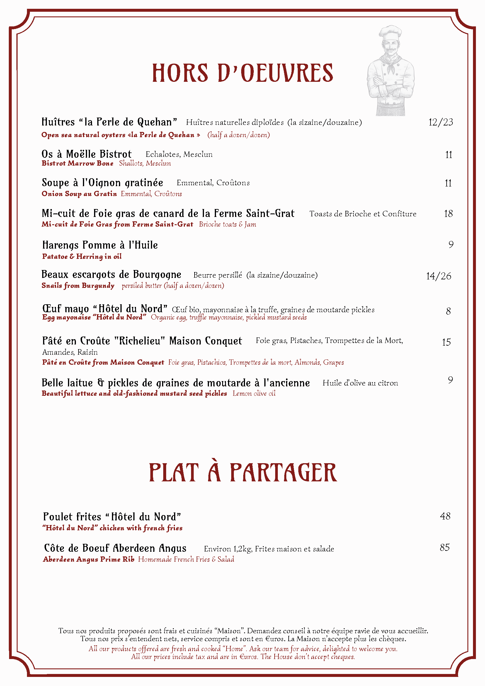 Menus — L'HÔTEL DU NORD