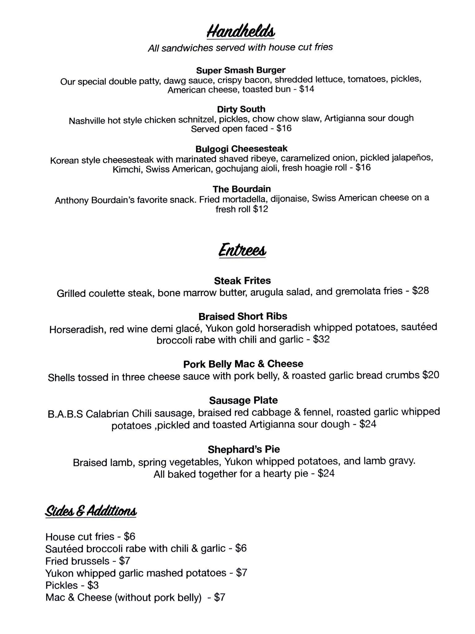 MENU — The Dog & Pony Saloon