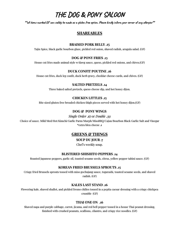 MENU — The Dog & Pony Saloon