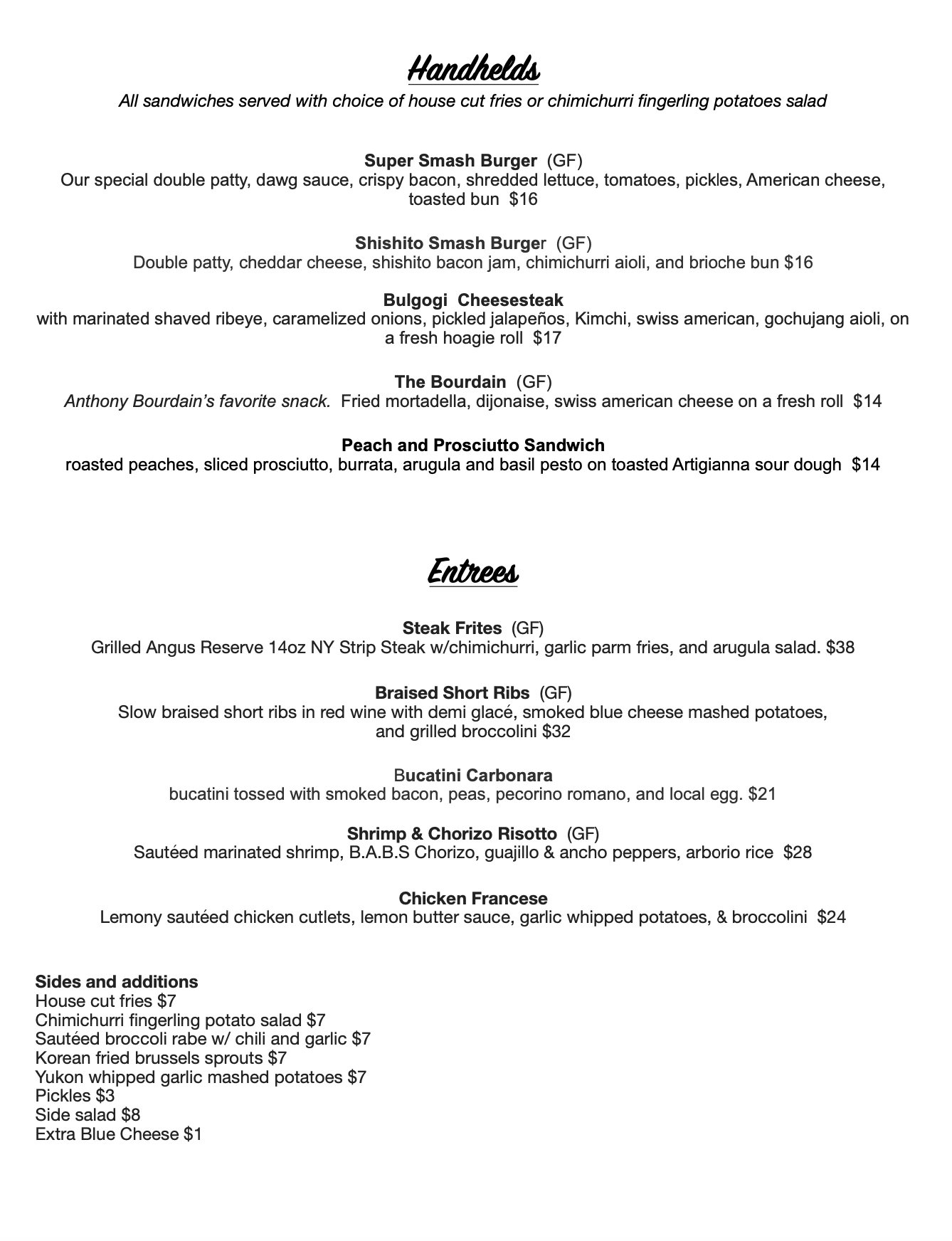 MENU — The Dog & Pony Saloon
