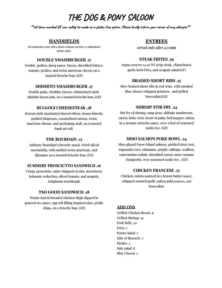 MENU — The Dog & Pony Saloon