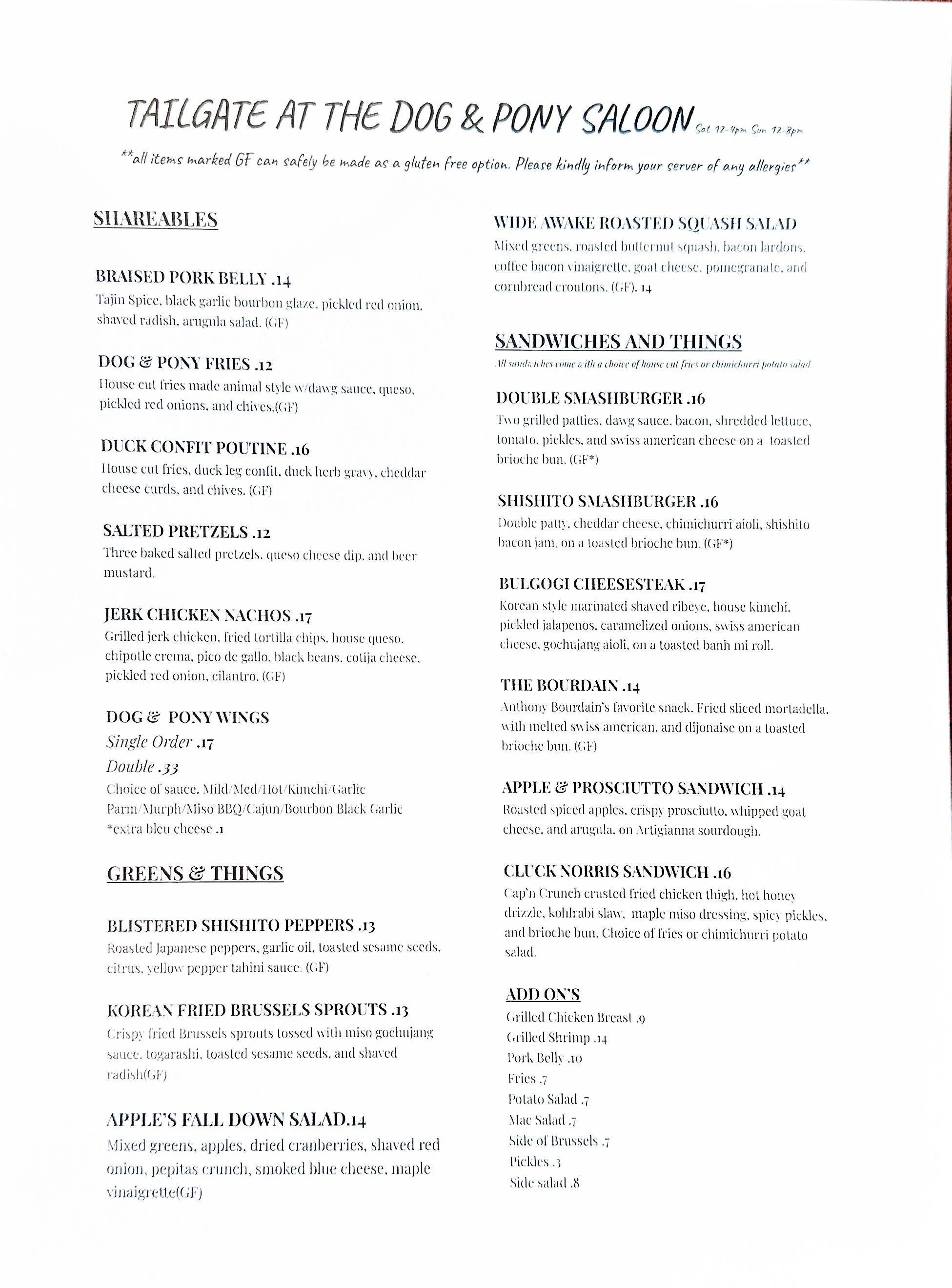 MENU — The Dog & Pony Saloon