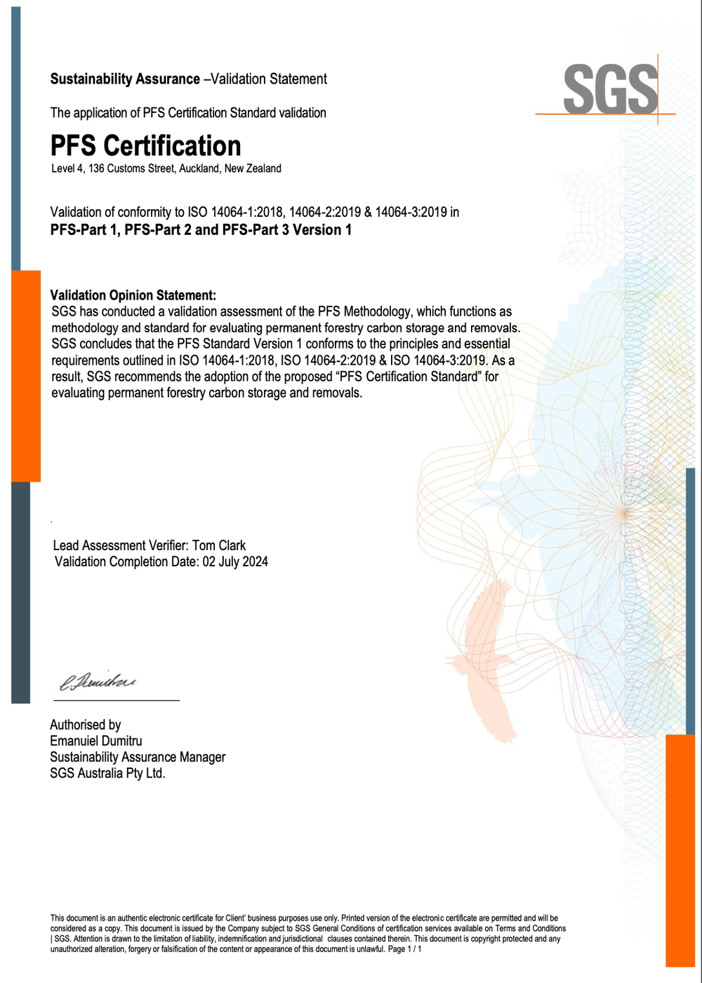 SGS Validation — PFS Carbon Standard