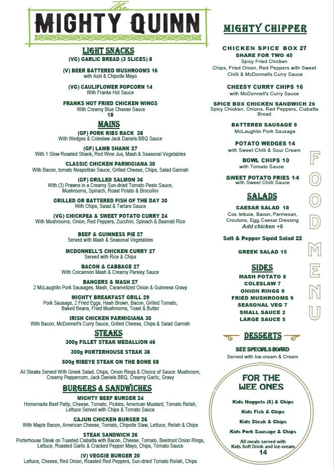 Menu — The Mighty Quinn Tavern