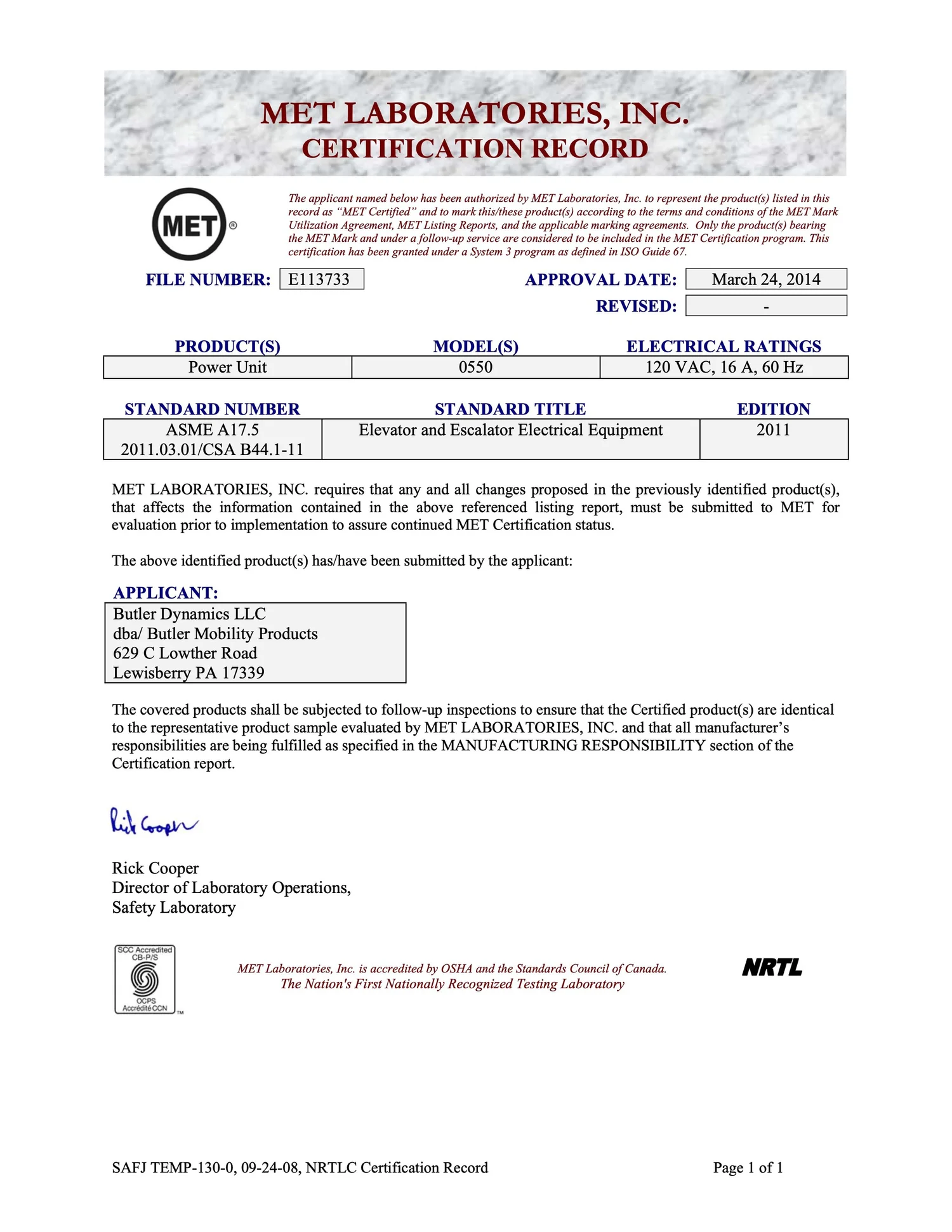 Lab Certification — Butler Mobility Products - Lifts That Last