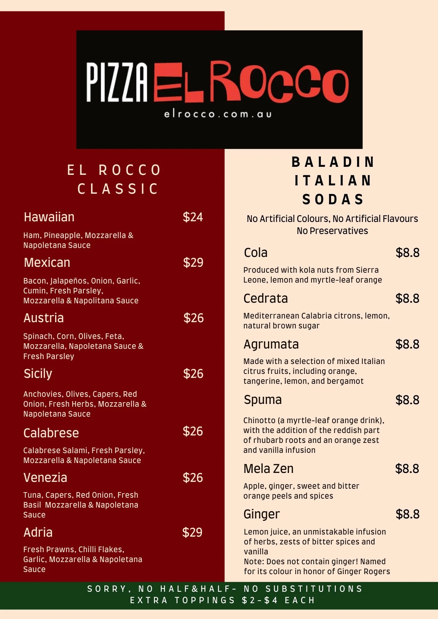 Menu — Pizza El Rocco - Sydney's Best Pizza