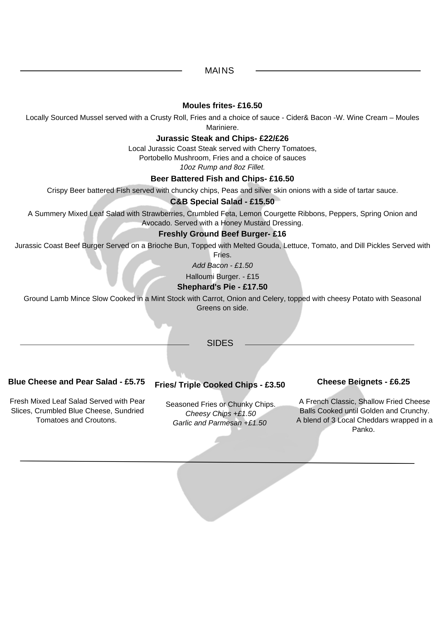 Menu — The Cock and Bottle