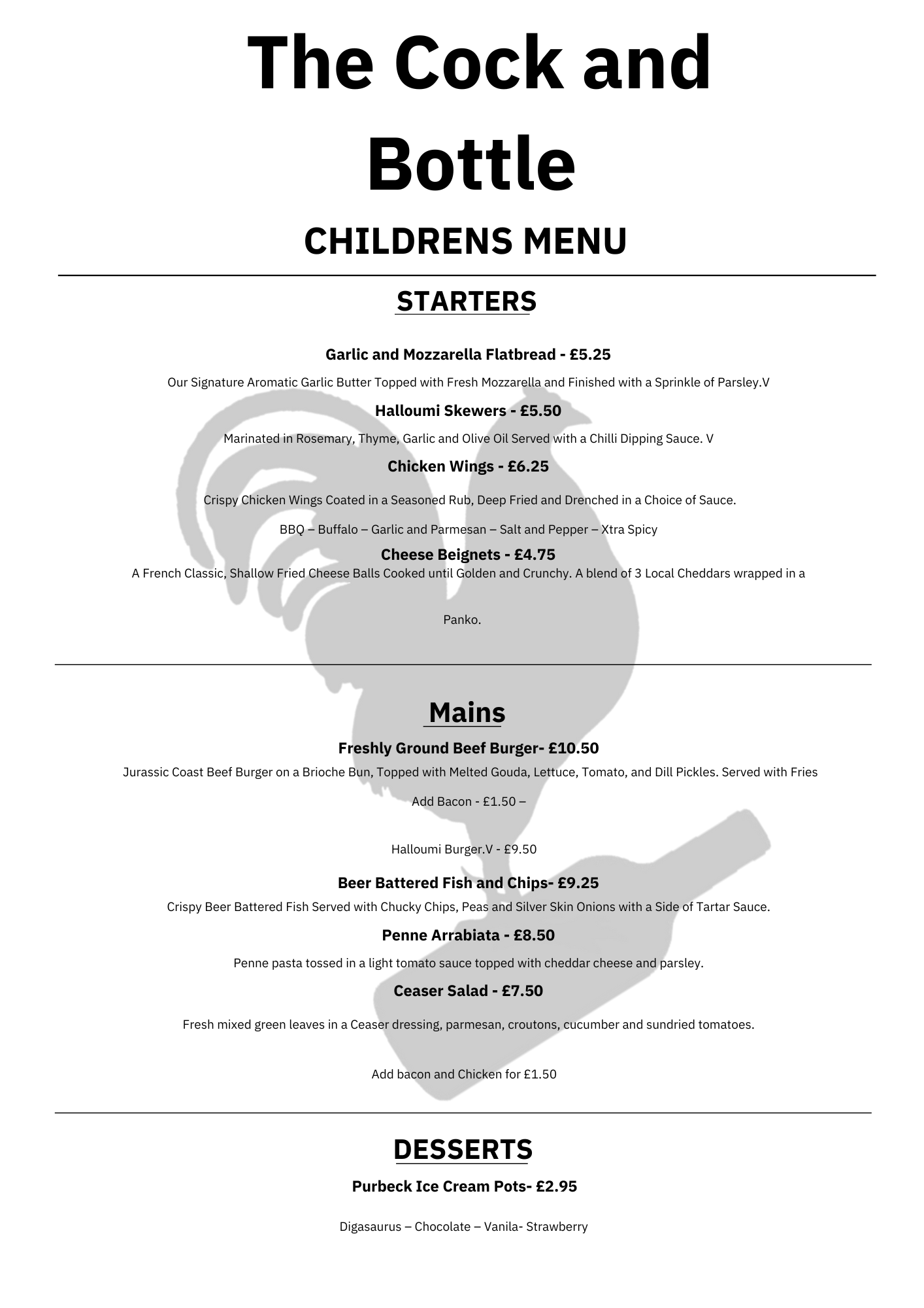 Menu — The Cock and Bottle