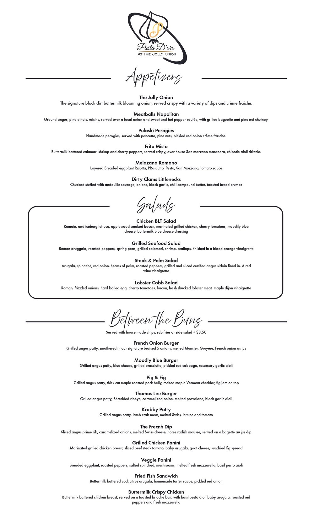 Lunch Menu — Pasta Doro At The Jolly Onion