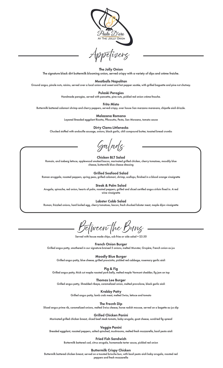 Lunch Menu — Pasta Doro At The Jolly Onion