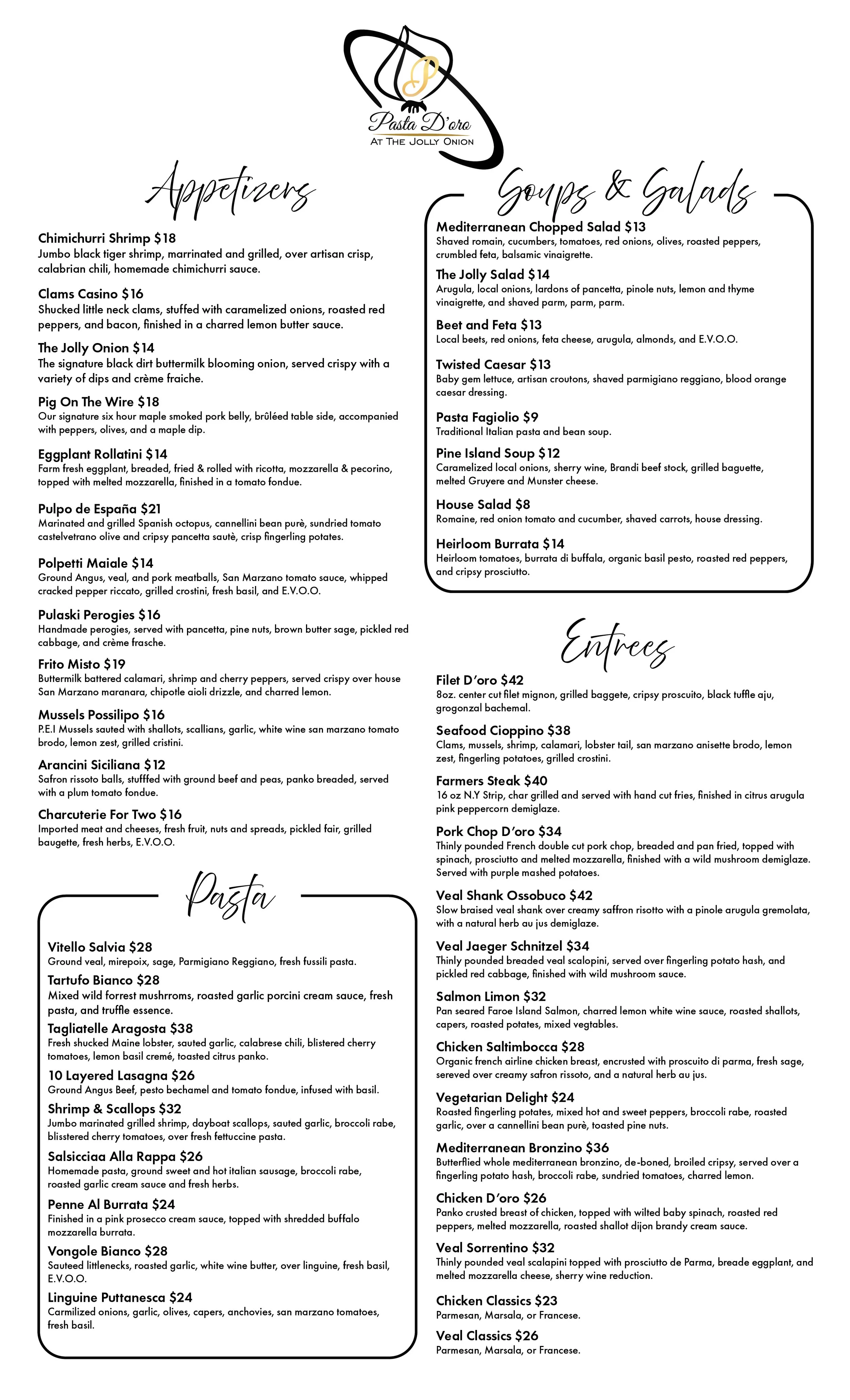Dinner Menu — Pasta Doro At The Jolly Onion