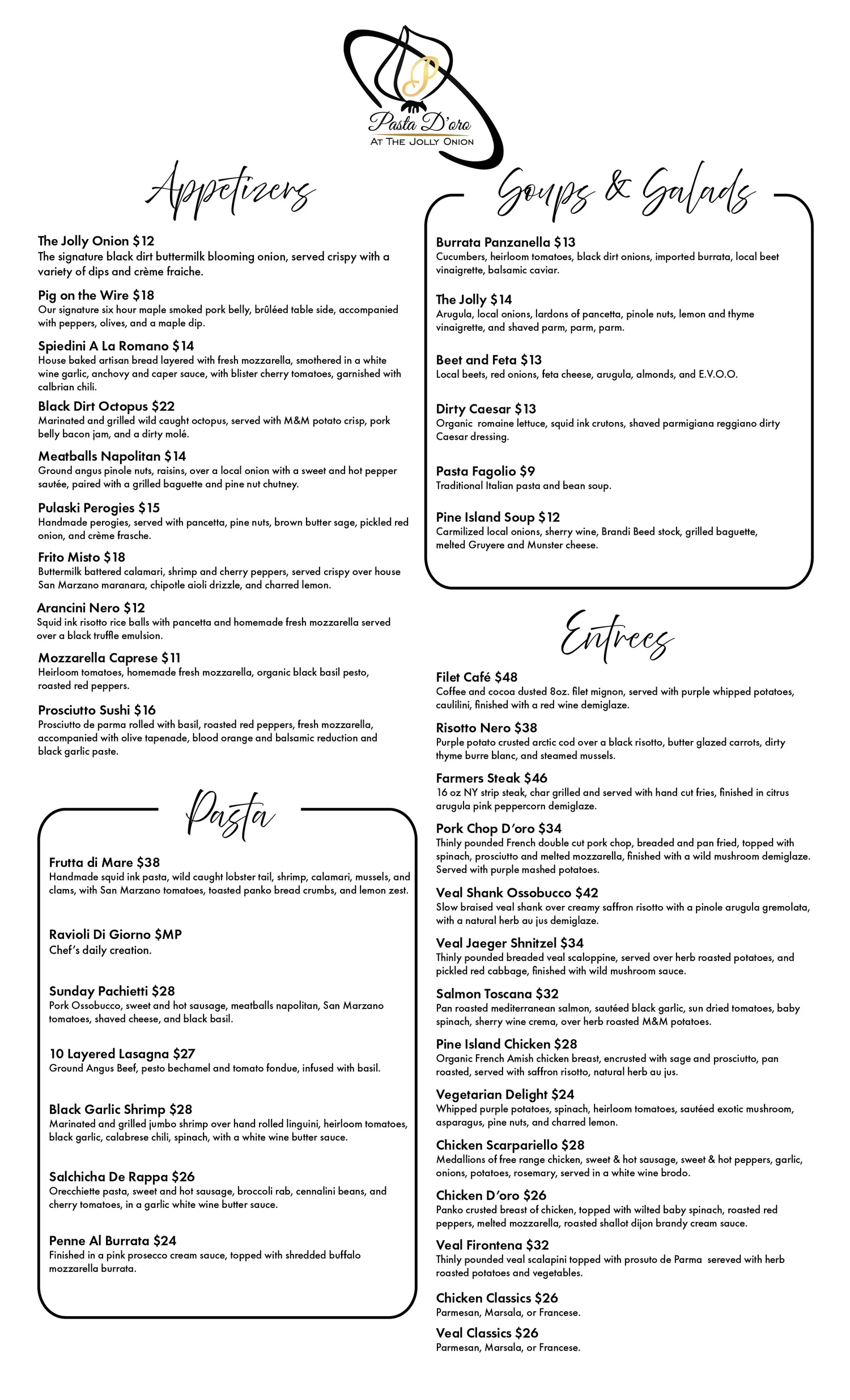 Dinner Menu — Pasta Doro At The Jolly Onion