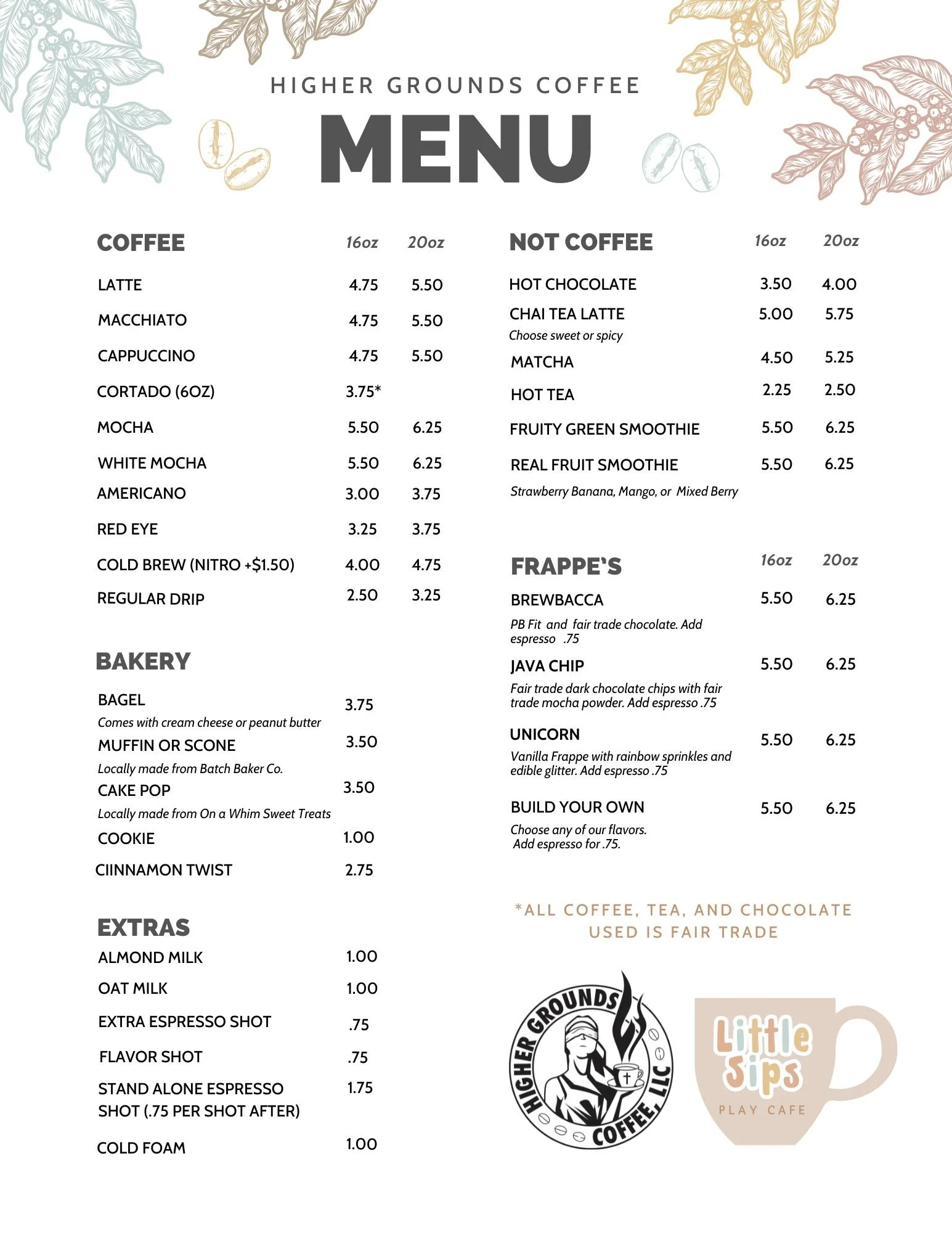 Higher Grounds Coffee Menu — Little Sips Play Cafe