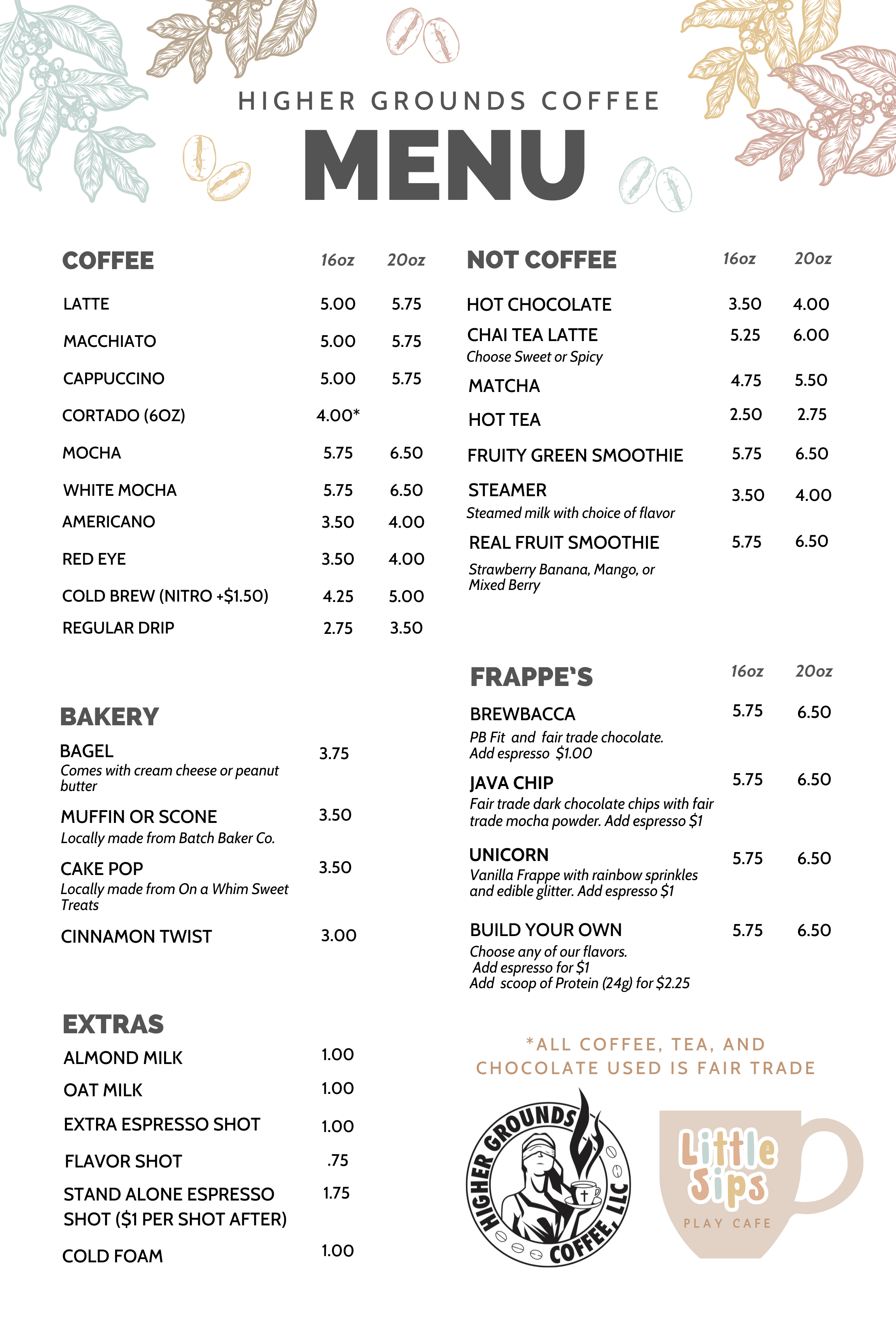 Higher Grounds Coffee Menu — Little Sips Play Cafe