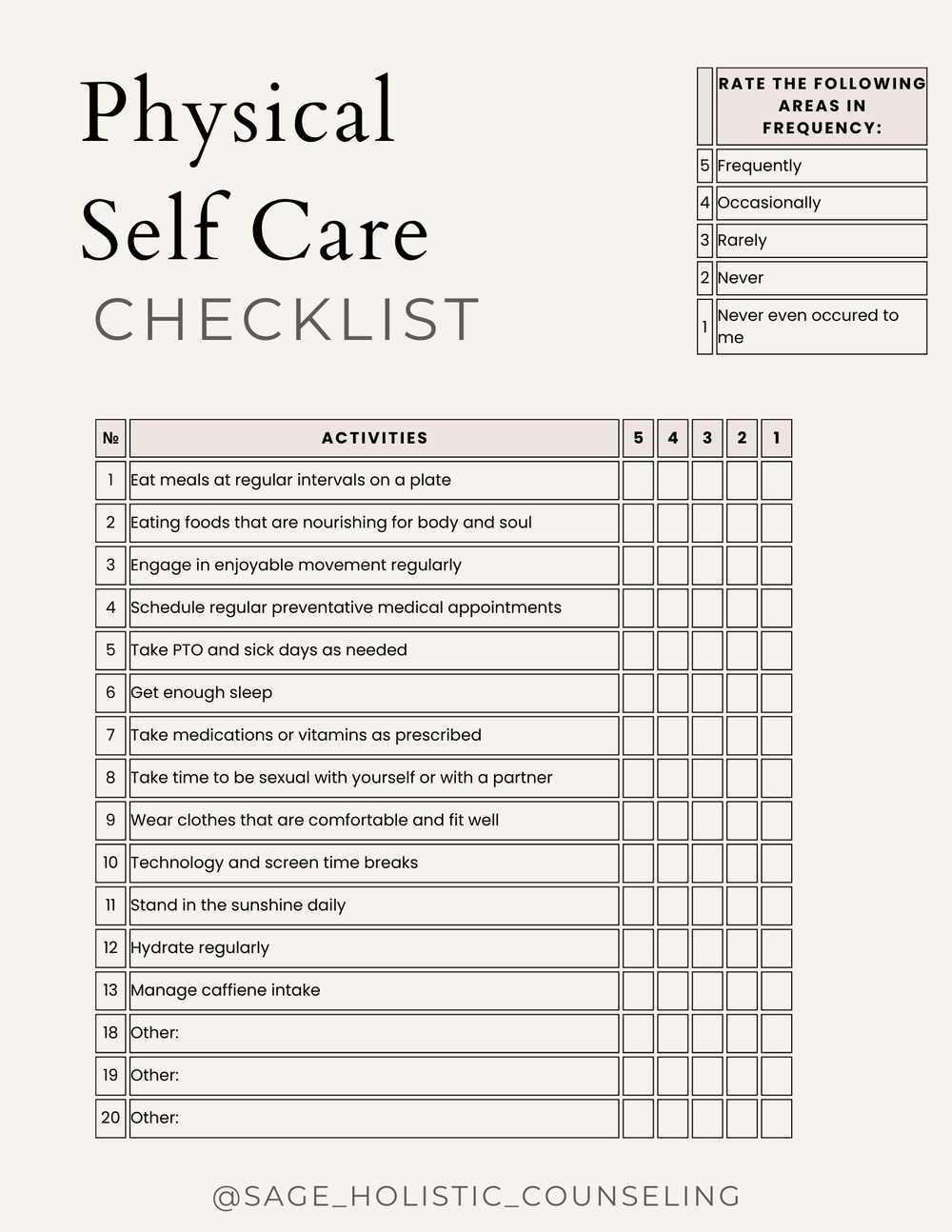 PHYSICAL SELF-CARE CHECKLIST — Sage Holistic Counseling PLLC