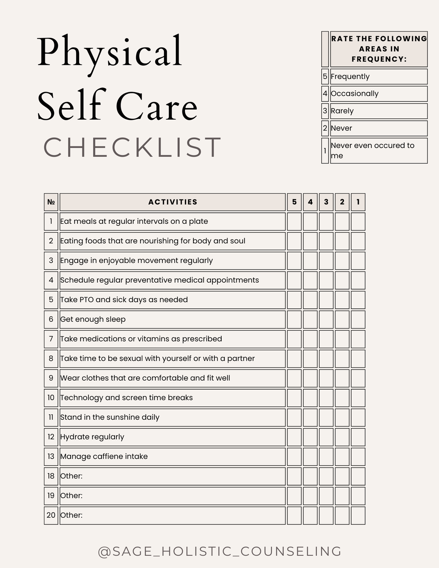 PHYSICAL SELF-CARE CHECKLIST — Sage Holistic Counseling PLLC