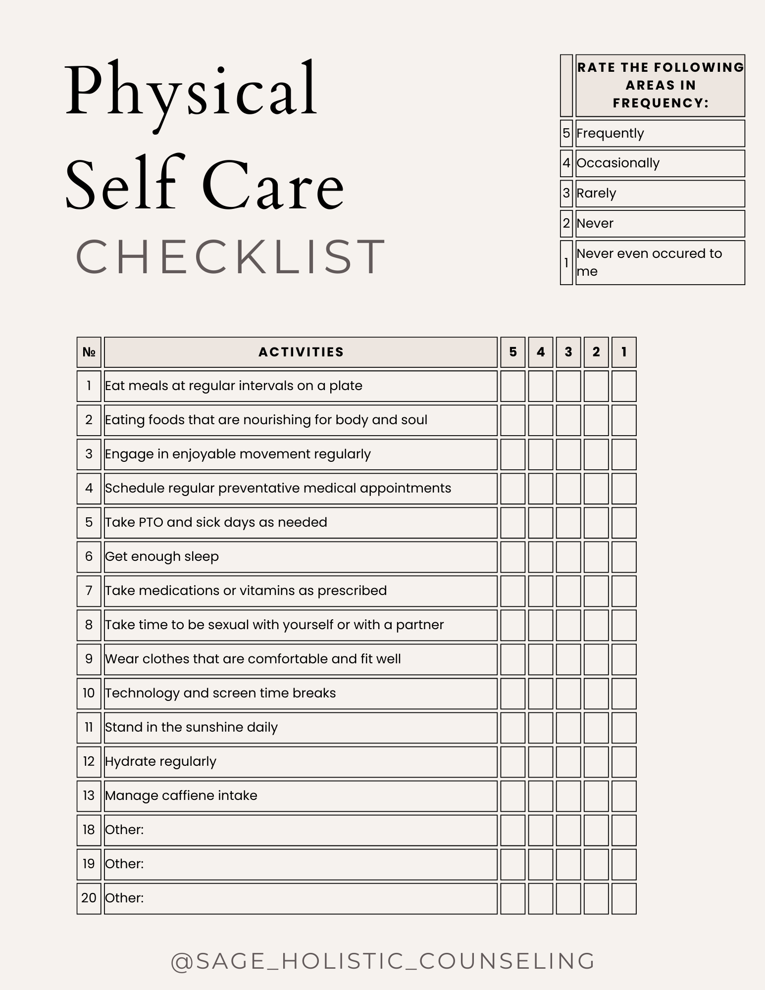 PHYSICAL SELF-CARE CHECKLIST — Sage Holistic Counseling PLLC