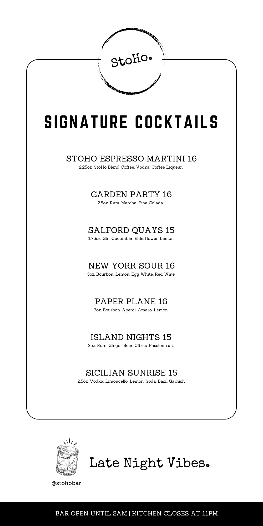 Coffee, Lunch, Dinner & Cocktail Menu — StoHo. Coffee & Cocktail Bar