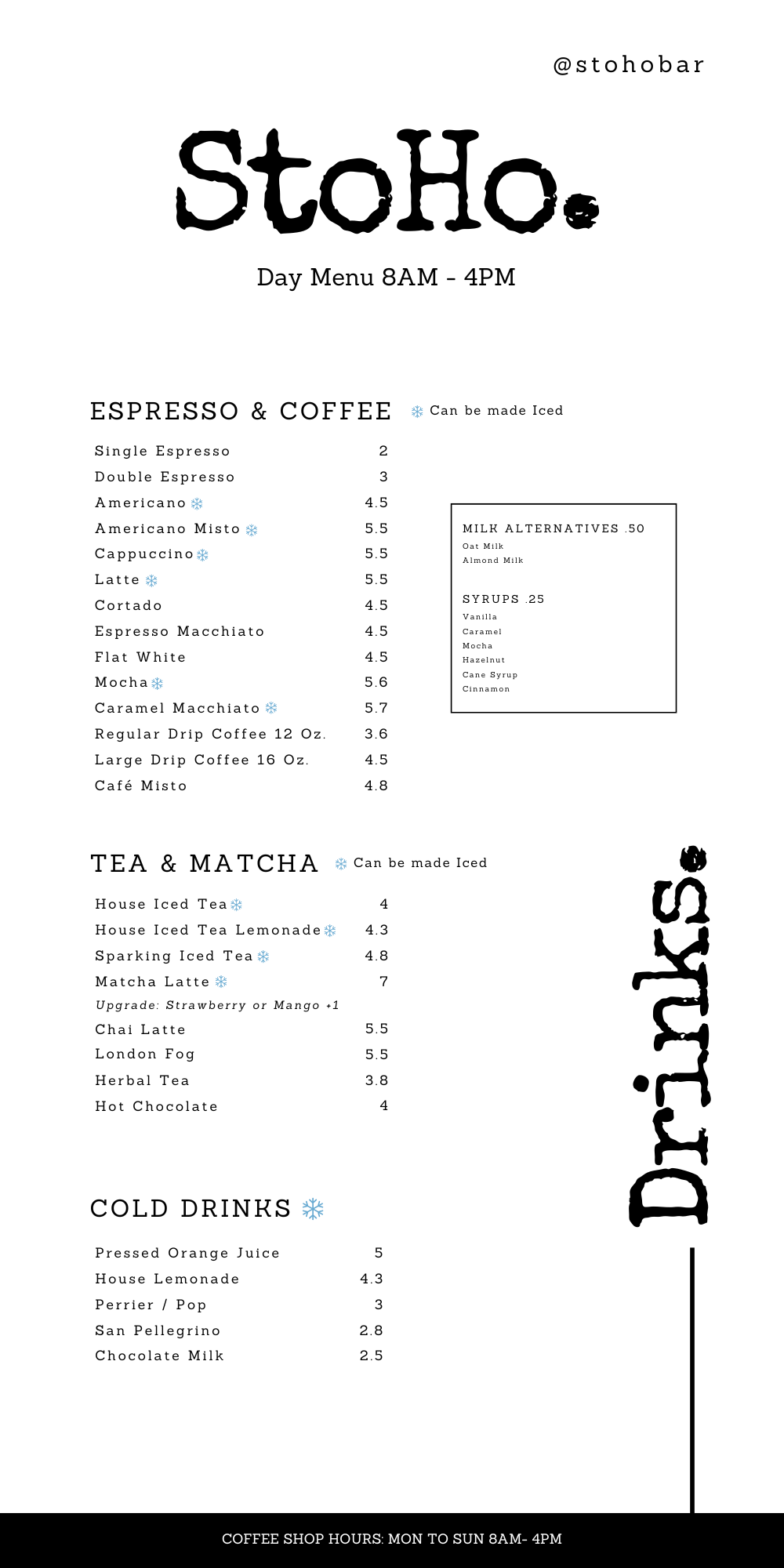 Coffee, Lunch, Dinner & Cocktail Menu — StoHo. Coffee & Cocktail Bar