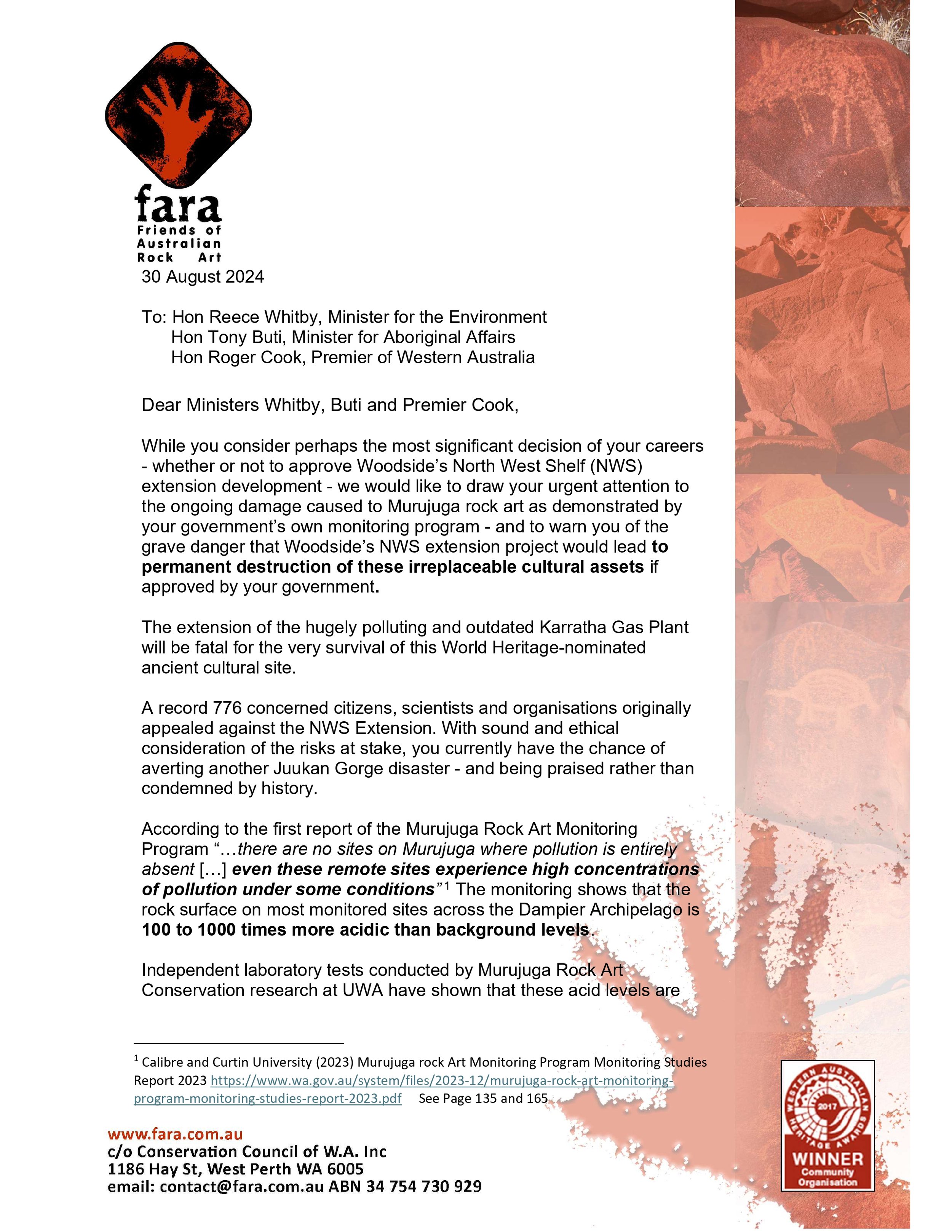 Letter to Premier and Ministers on North West Shelf extension proposal ...