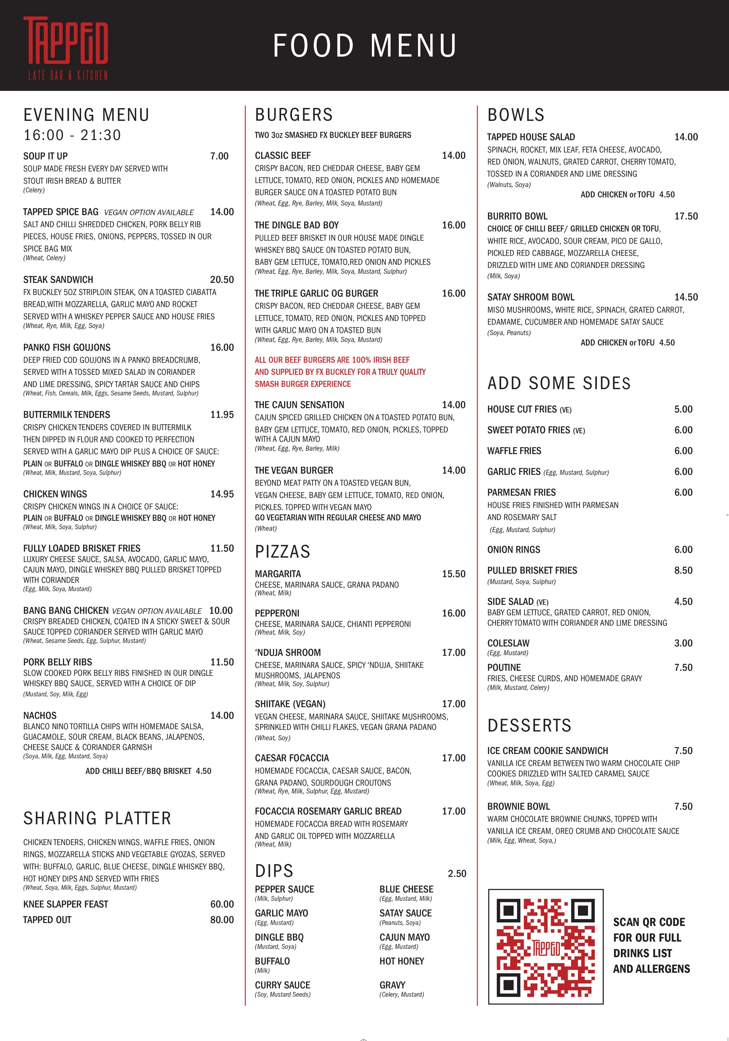 Tapped Dublin Food Menu | Delicious Pub Grub & Seasonal Specials in ...