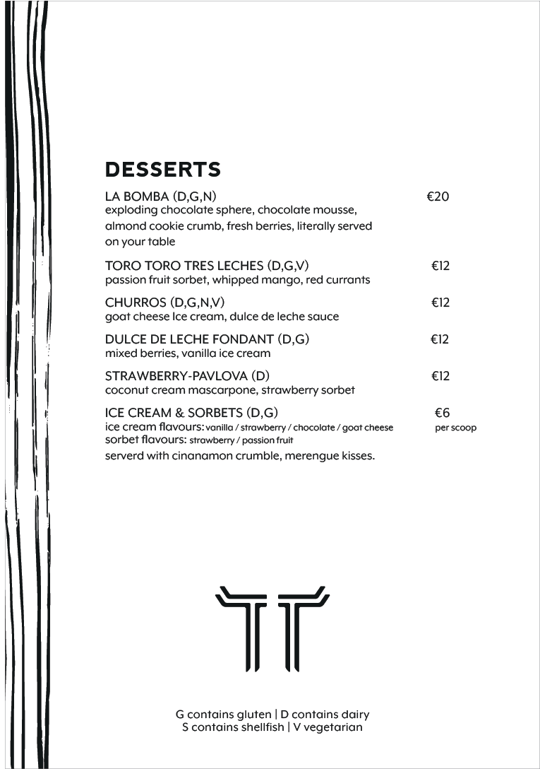 Dessert Menu — Toro Toro - Malta
