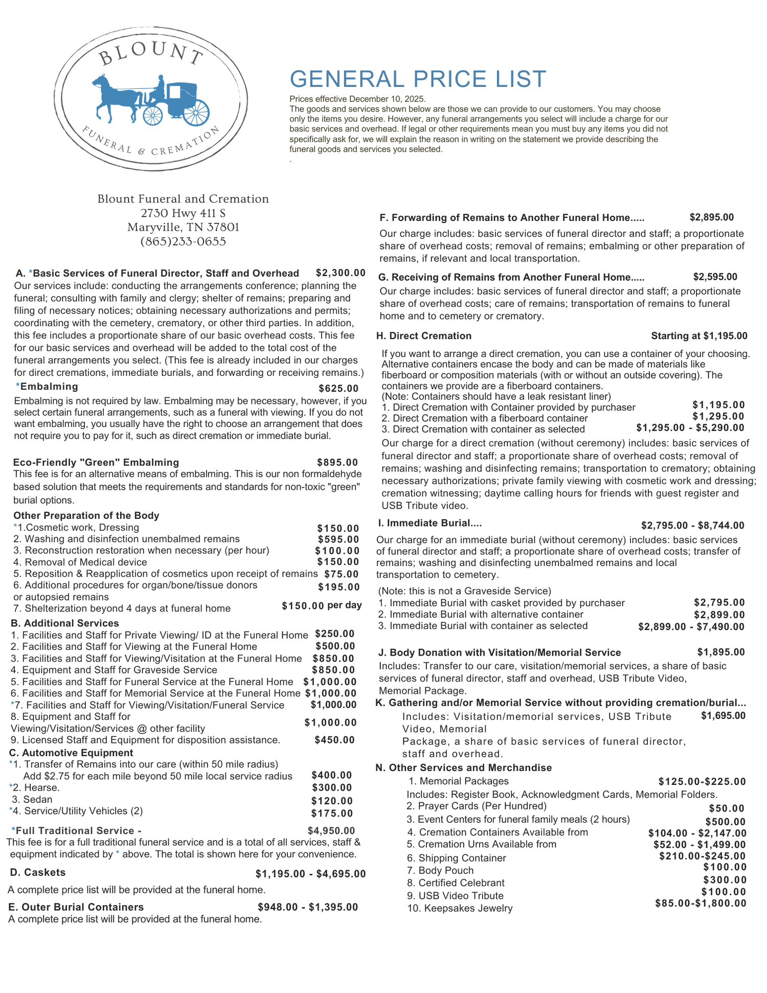 Price List — Blount Funeral and Cremation