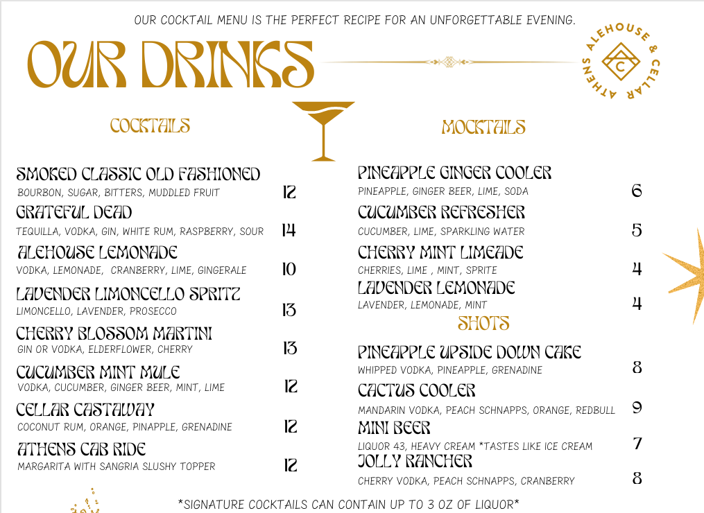 Athens Alehouse Menu — Athens Alehouse