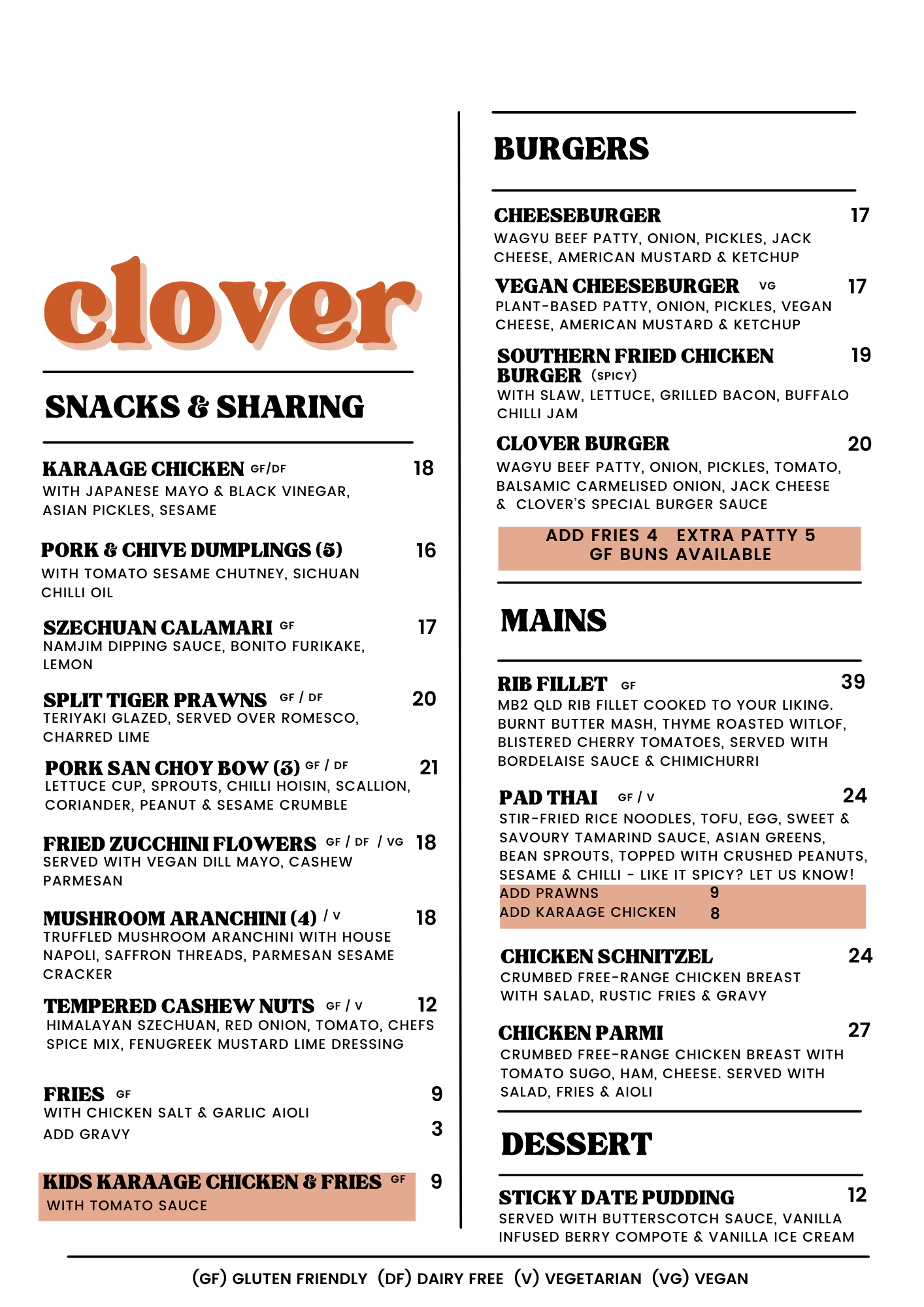 MENU — Clover Neighbourhood Bar
