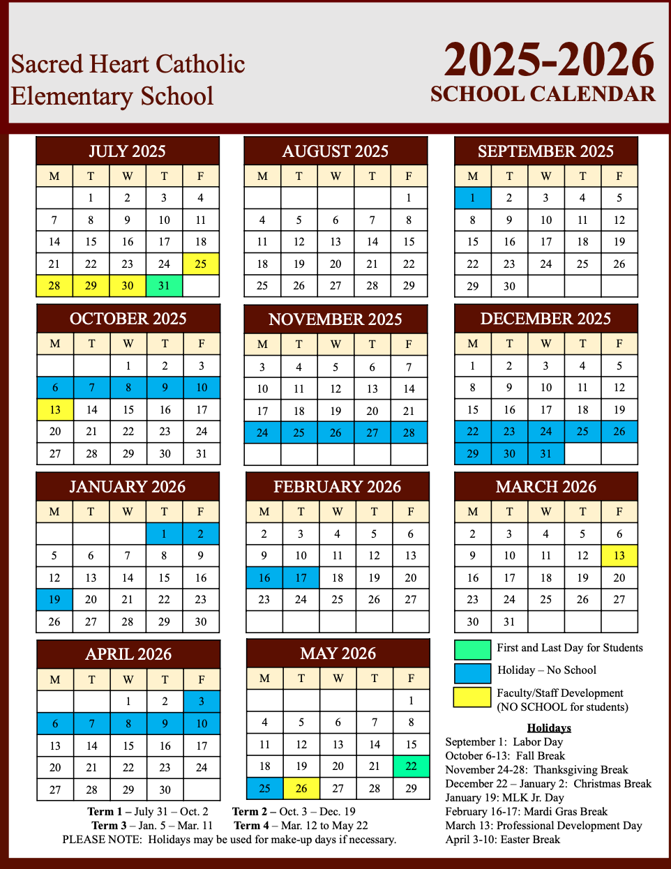 School Calendar 25 - 26 — Sacred Heart Catholic Elementary