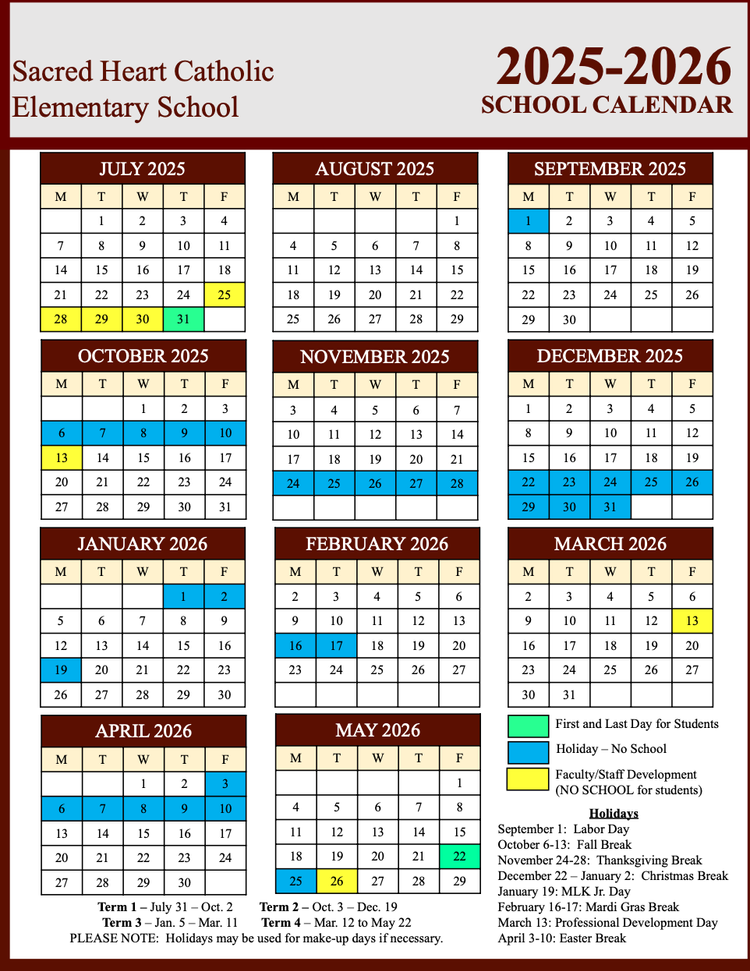 School Calendar 25 - 26 — Sacred Heart Catholic Elementary