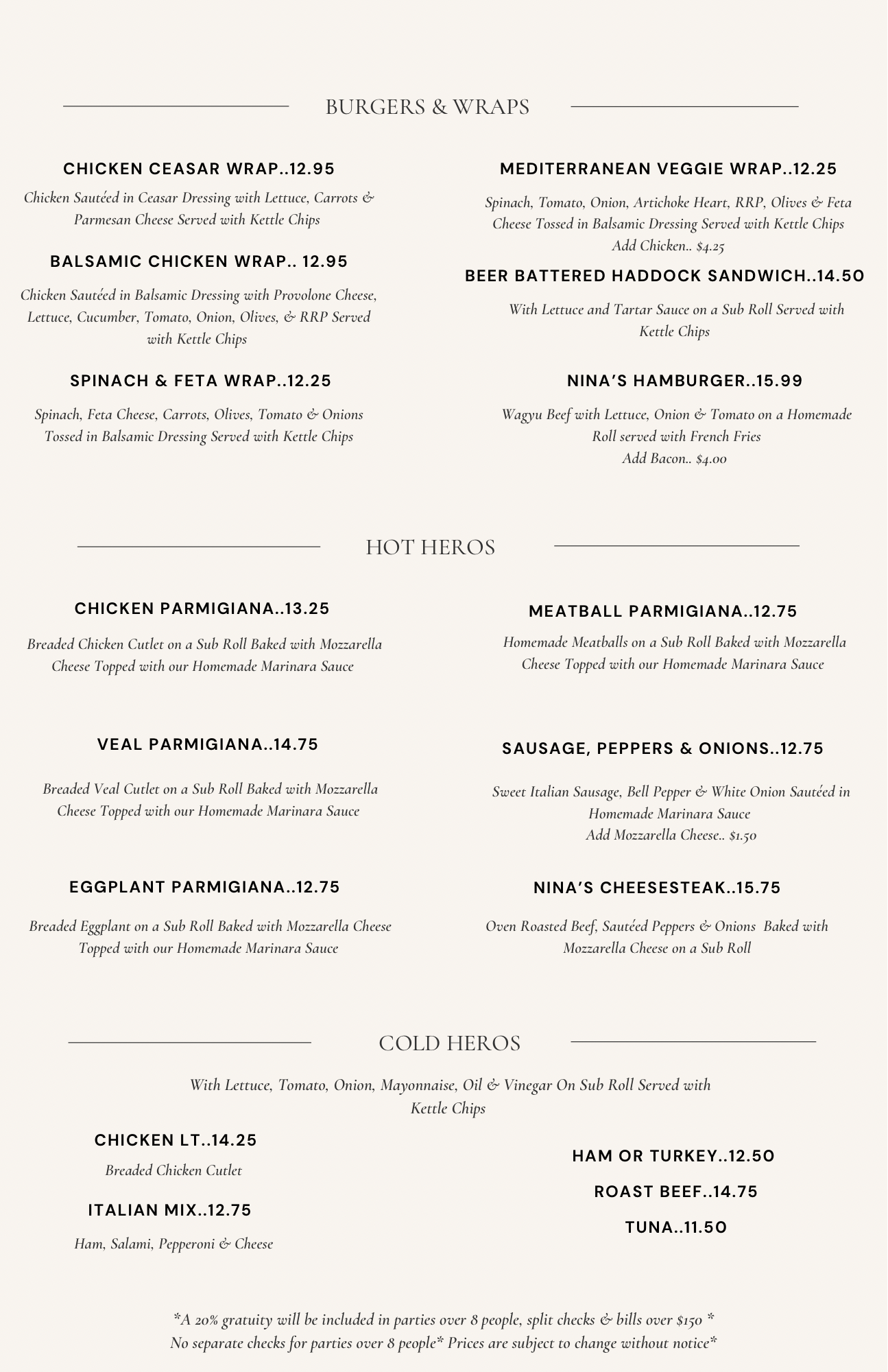 Menu — Nina's Pizzeria and restaurant