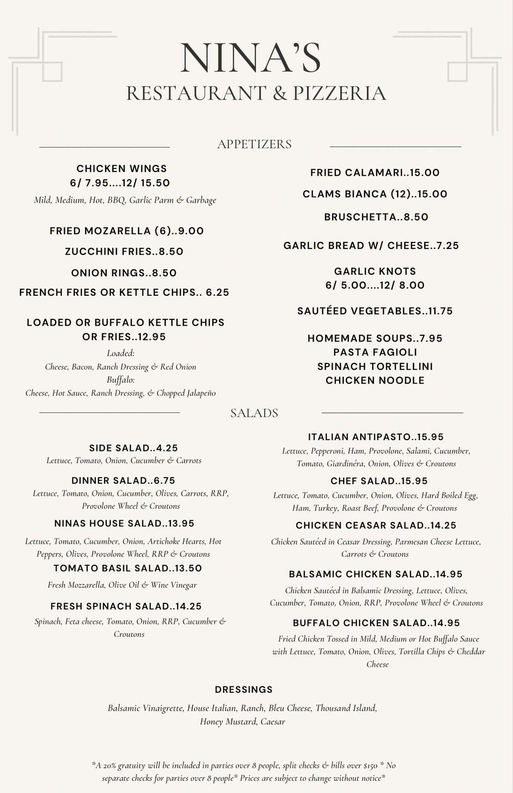 Menu — Nina's Pizzeria and restaurant