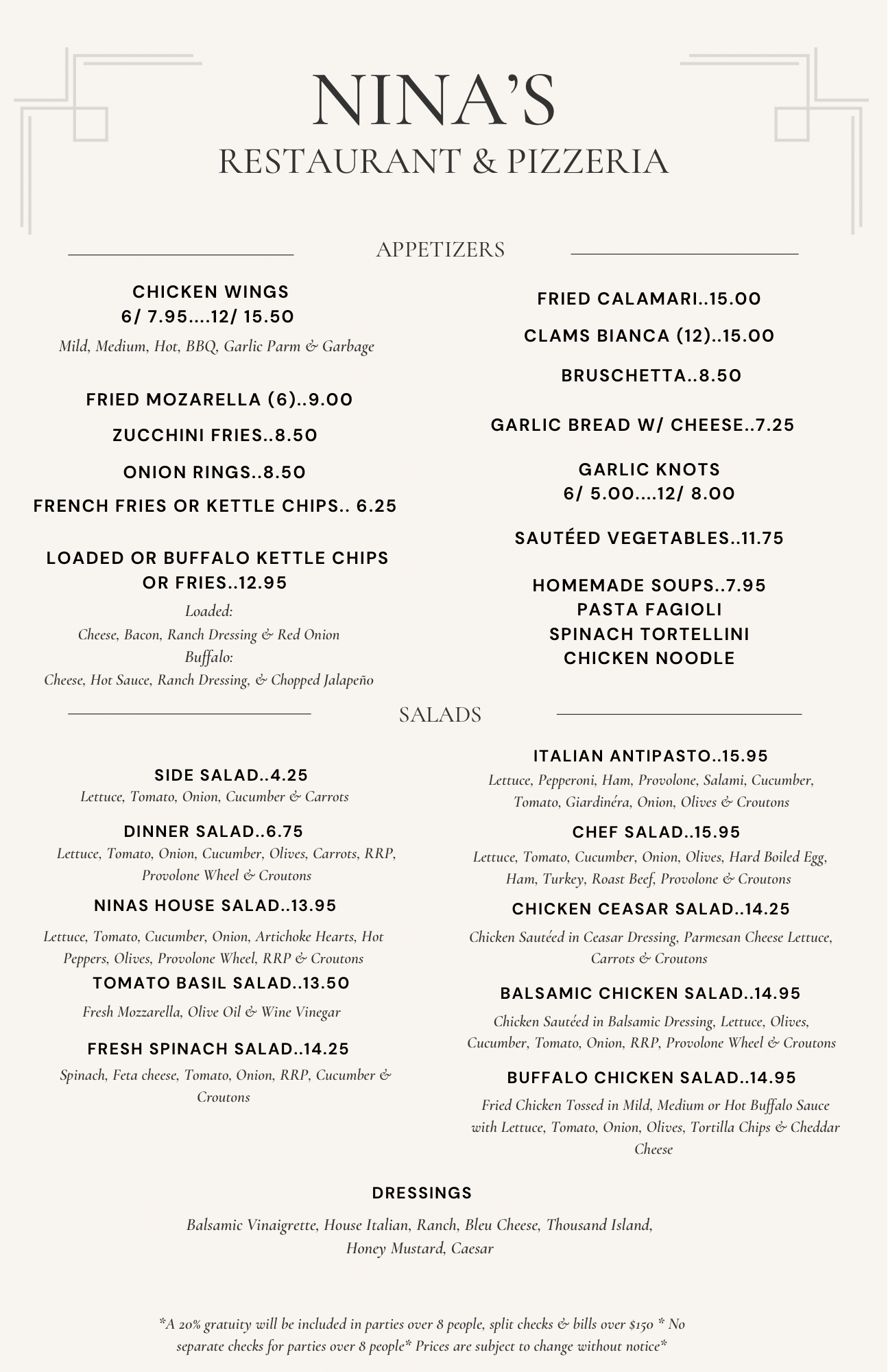 Menu — Nina's Pizzeria and restaurant